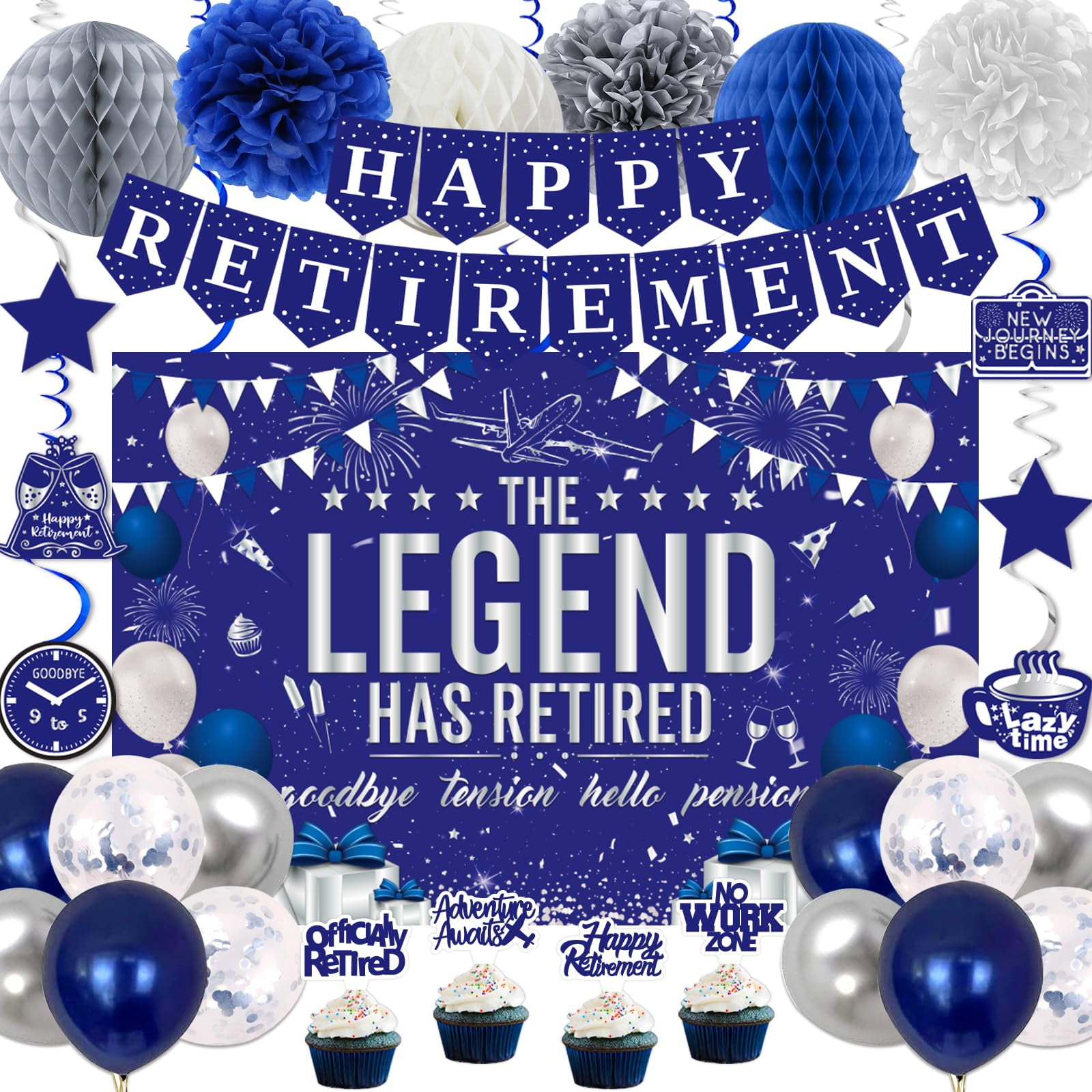 Retirement Party DecorationsTRDN Blue Silver Happy Retirement ...