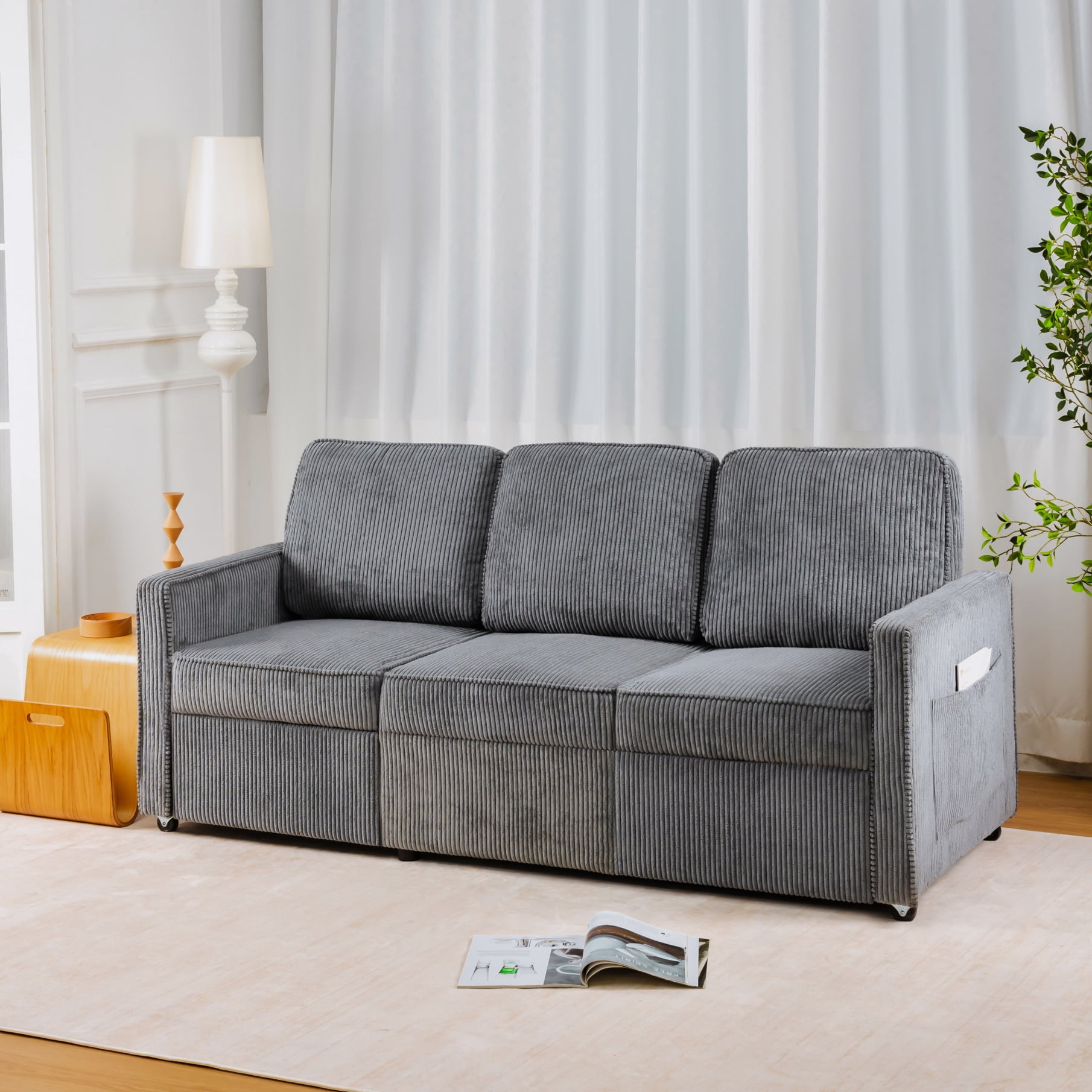 Retractable 3-Seater Sofa, Modern Corduroy Upholstered Extendable Sofa ...