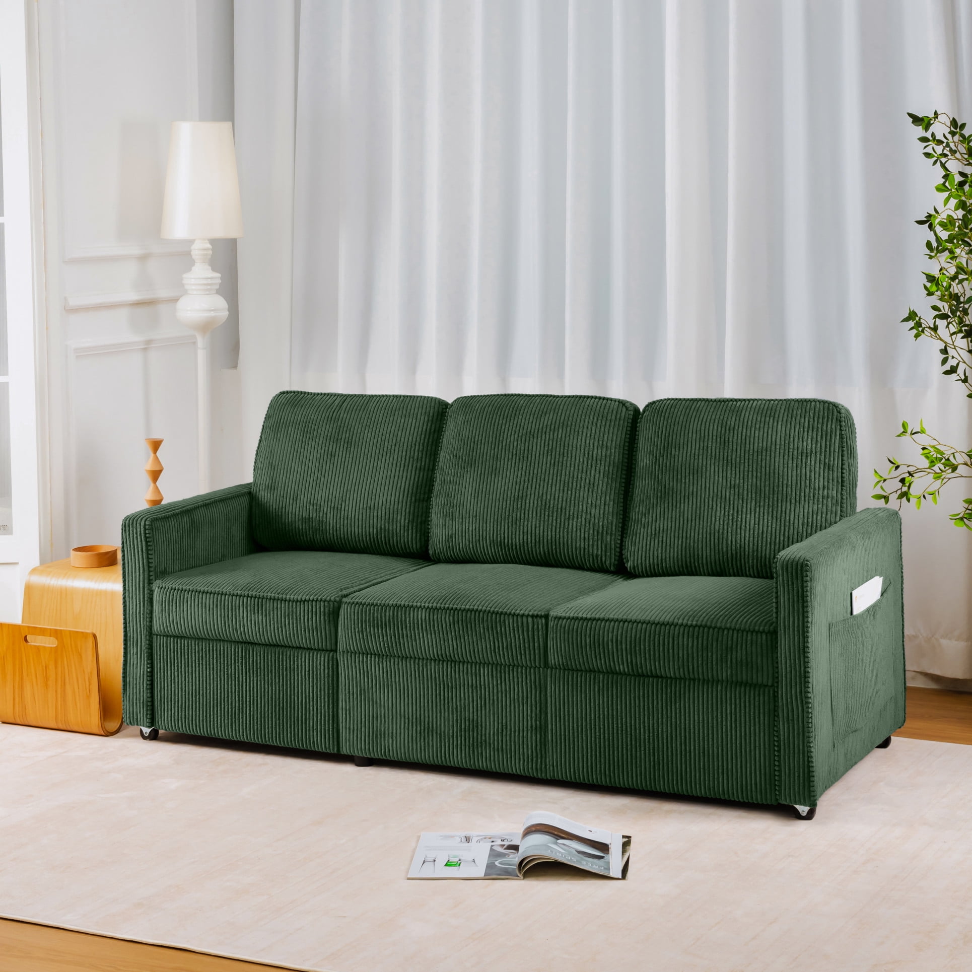 Retractable 3-Seater Sofa, Modern Extendable Corduroy Sofa with ...
