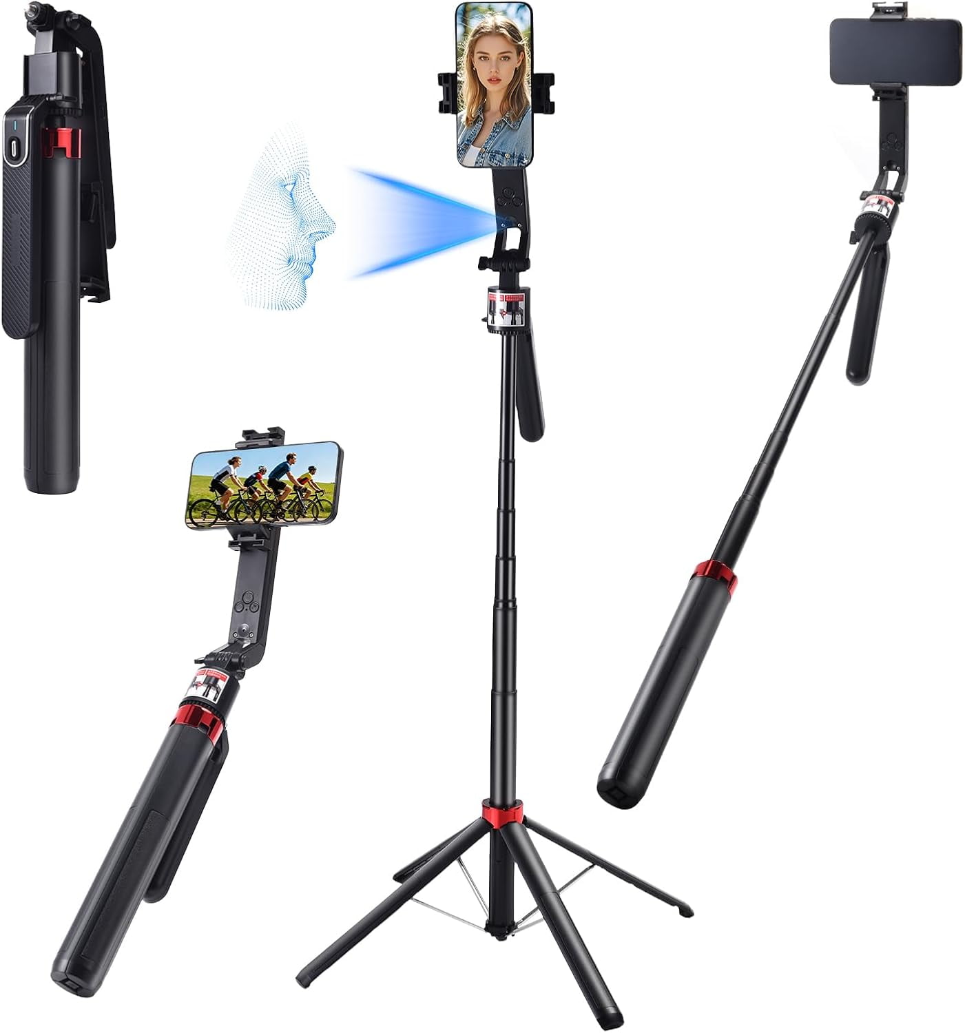 Retractable AI Selfie Stick Tripod - 71-inch Smart Rotating Quad Pod ...