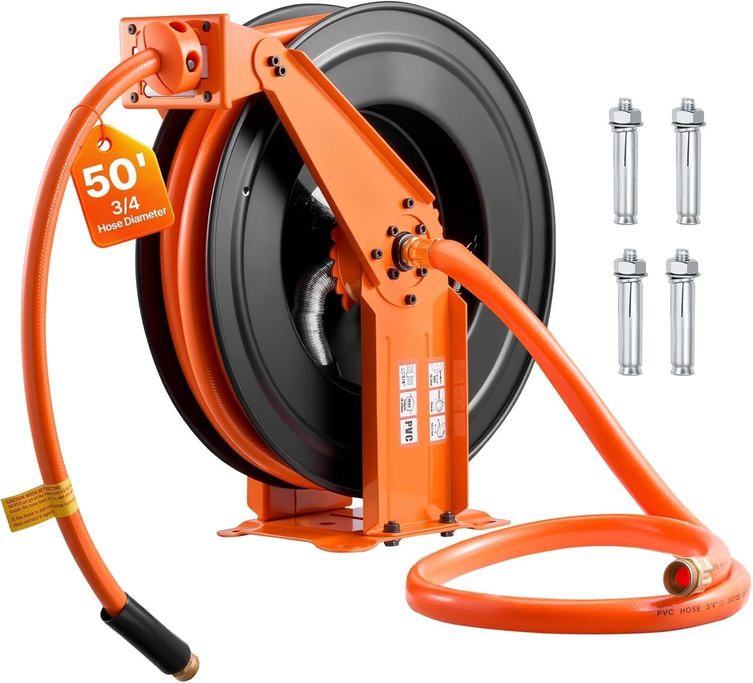 Retractable Air Hose Reel, 3/4 Inch x 50 FT PVC Air Hose 300PSI, Rewind ...