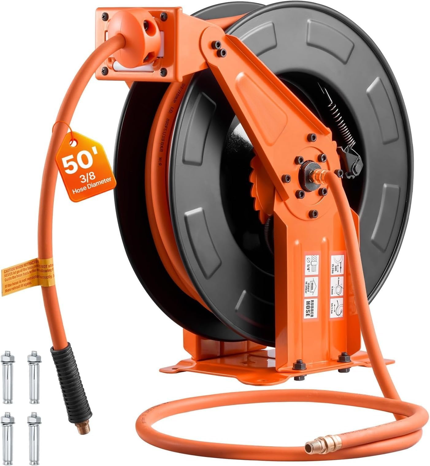 Retractable Air Hose Reel, 3/8 Inch x 50 FT Rubber Air Hose Max 300PSI ...