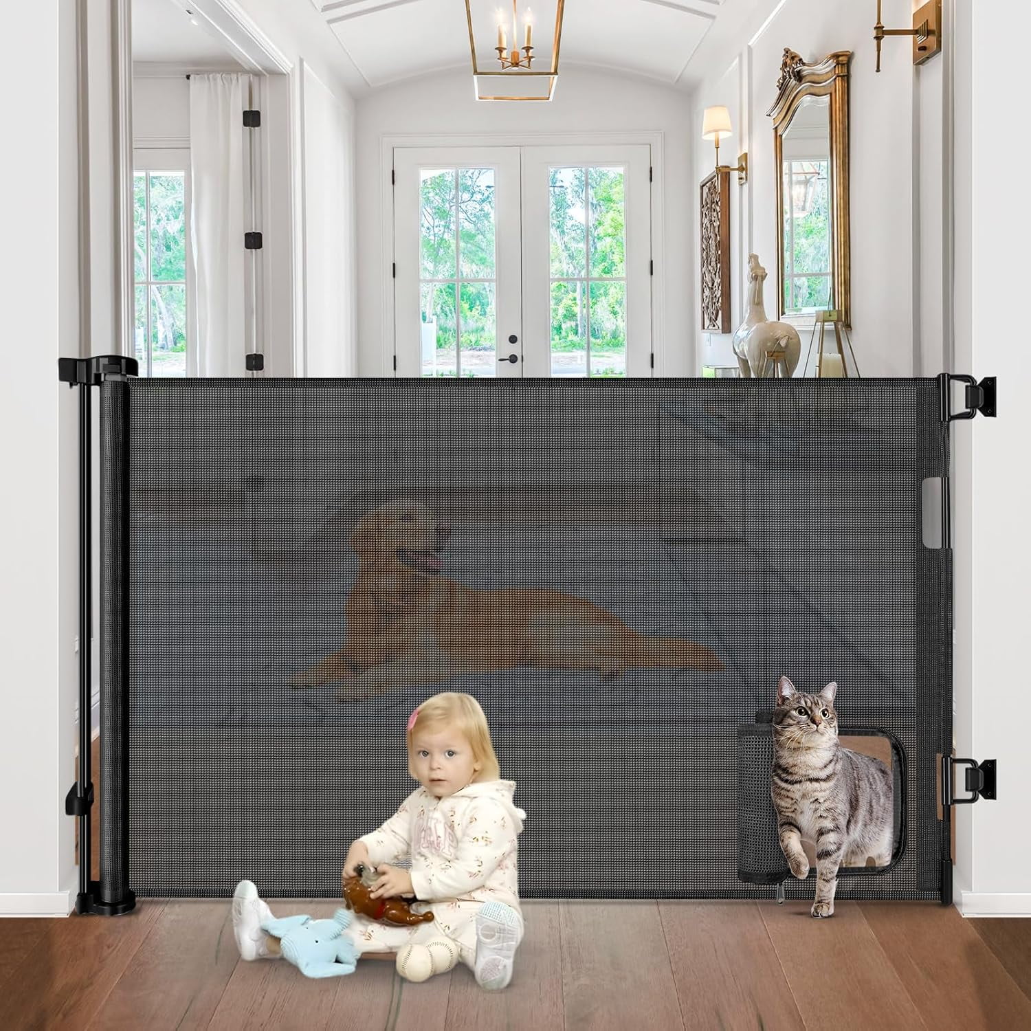Retractable Baby Gates with Cat Door 80" Wide Retractable Dog Gate with ...