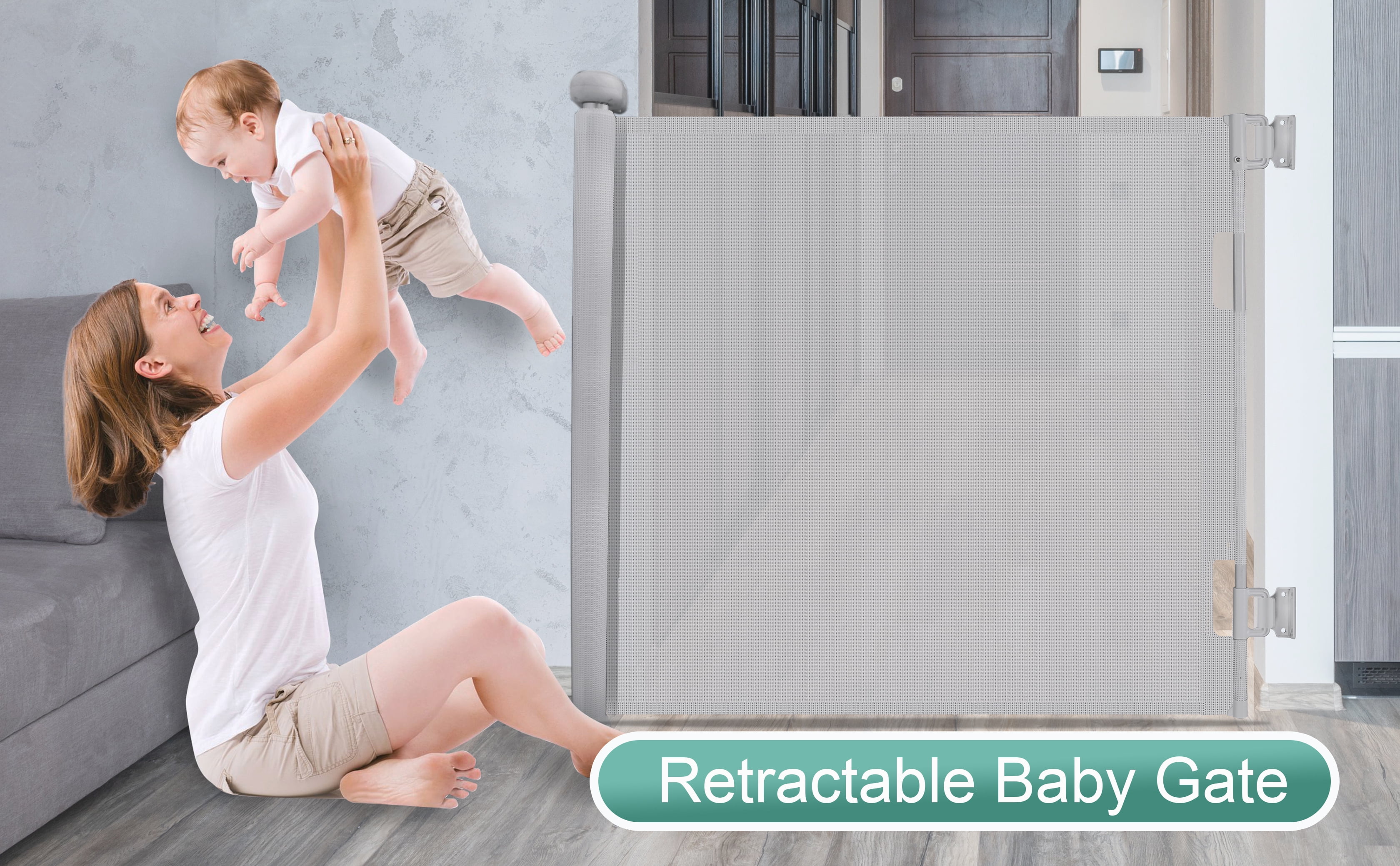 "Stusgo Retractable Baby/Dog Safety Gate, 33""x71"", Grey Mesh, Indoor ...