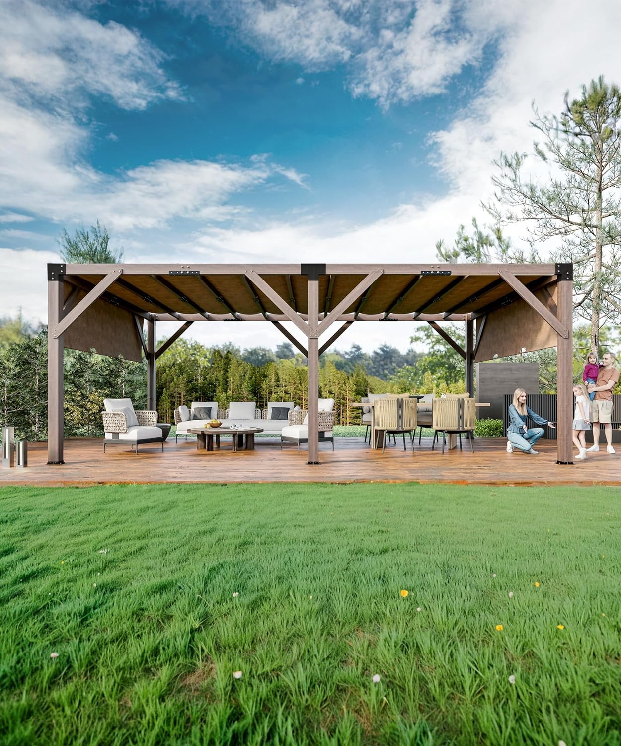 Retractable Canopy Wood Pergola – 12x20 FT Large Solid Wood Structure ...