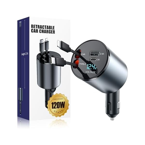 Retractable Car Charger 120W, Upgraded 4 in 1 Fast Car Phone Charger ...
