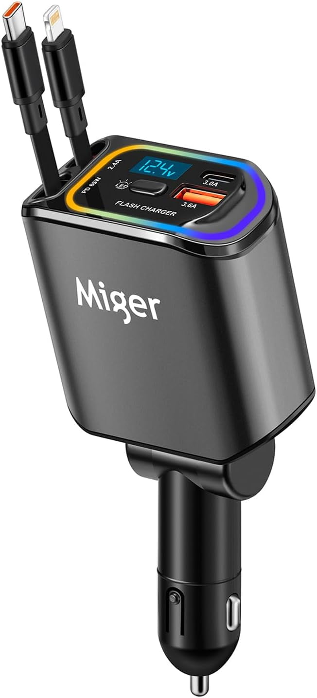 Retractable Car Charger】:UP TO 100W Total Power Charging 4 Devices At Once;USB Car Phone Charger ...