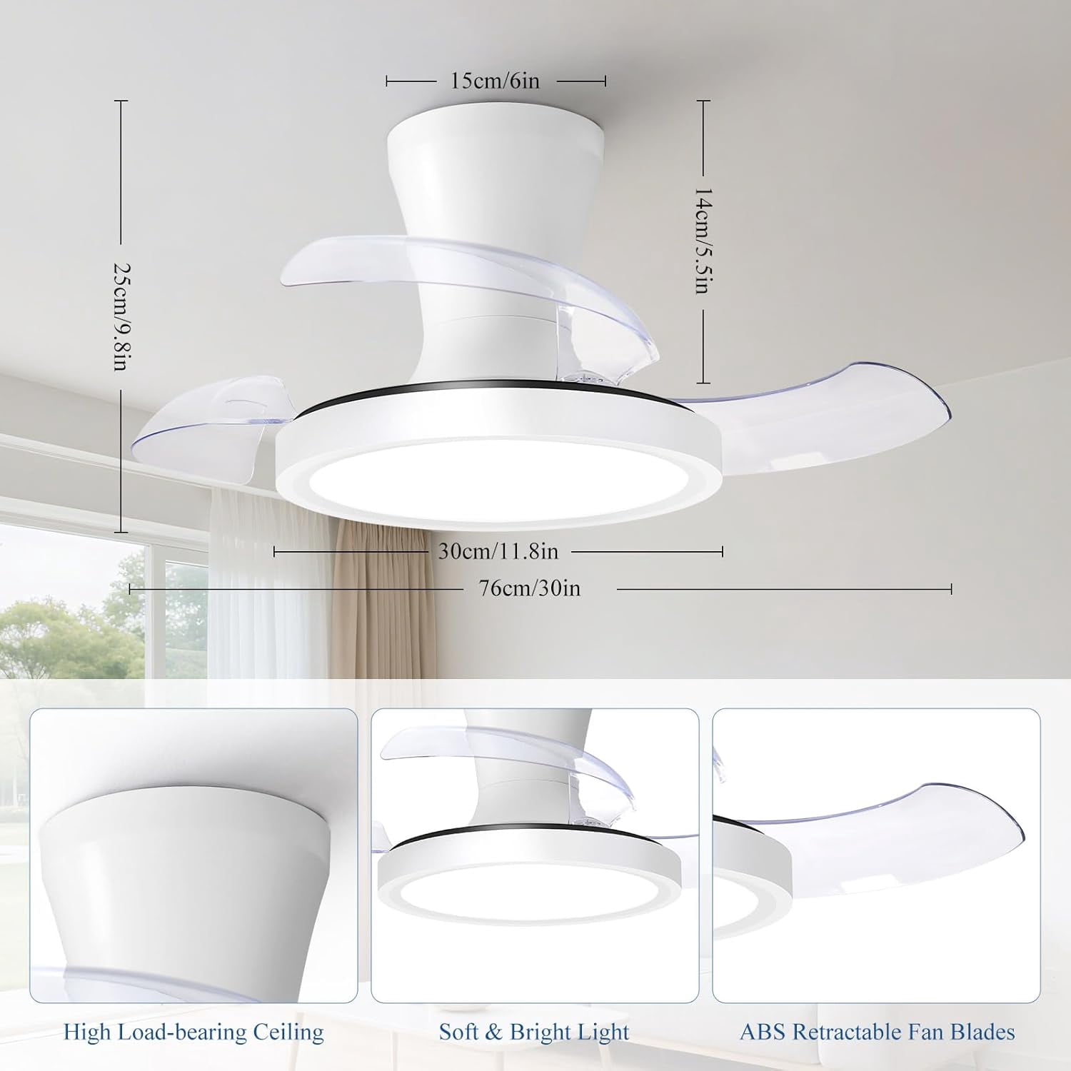 Retractable Ceiling Fans with Lights, 30" Small Ceiling Fan Light ...
