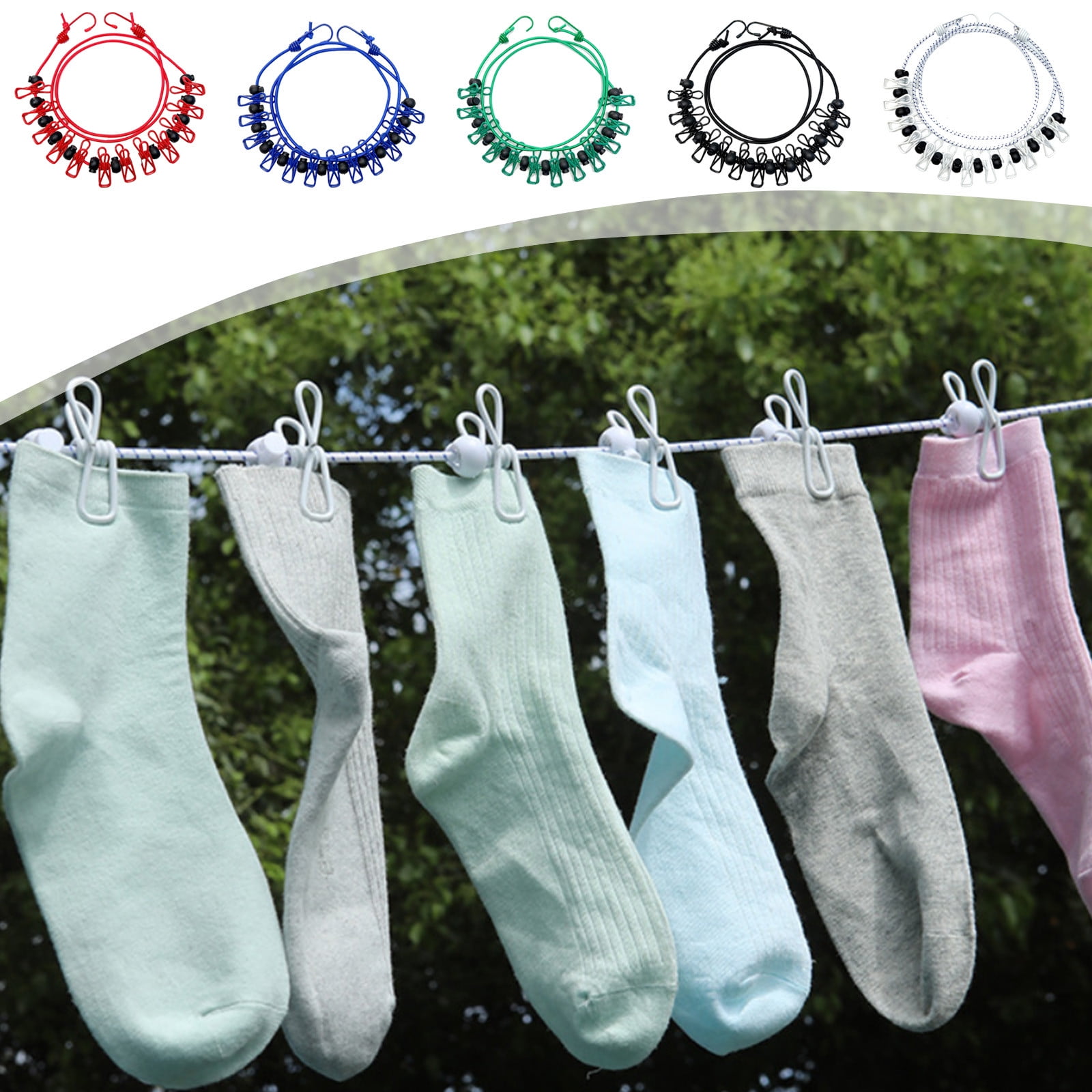 Retractable Clothesline with 12 Clips, Windproof Elastic Rope Laundry ...