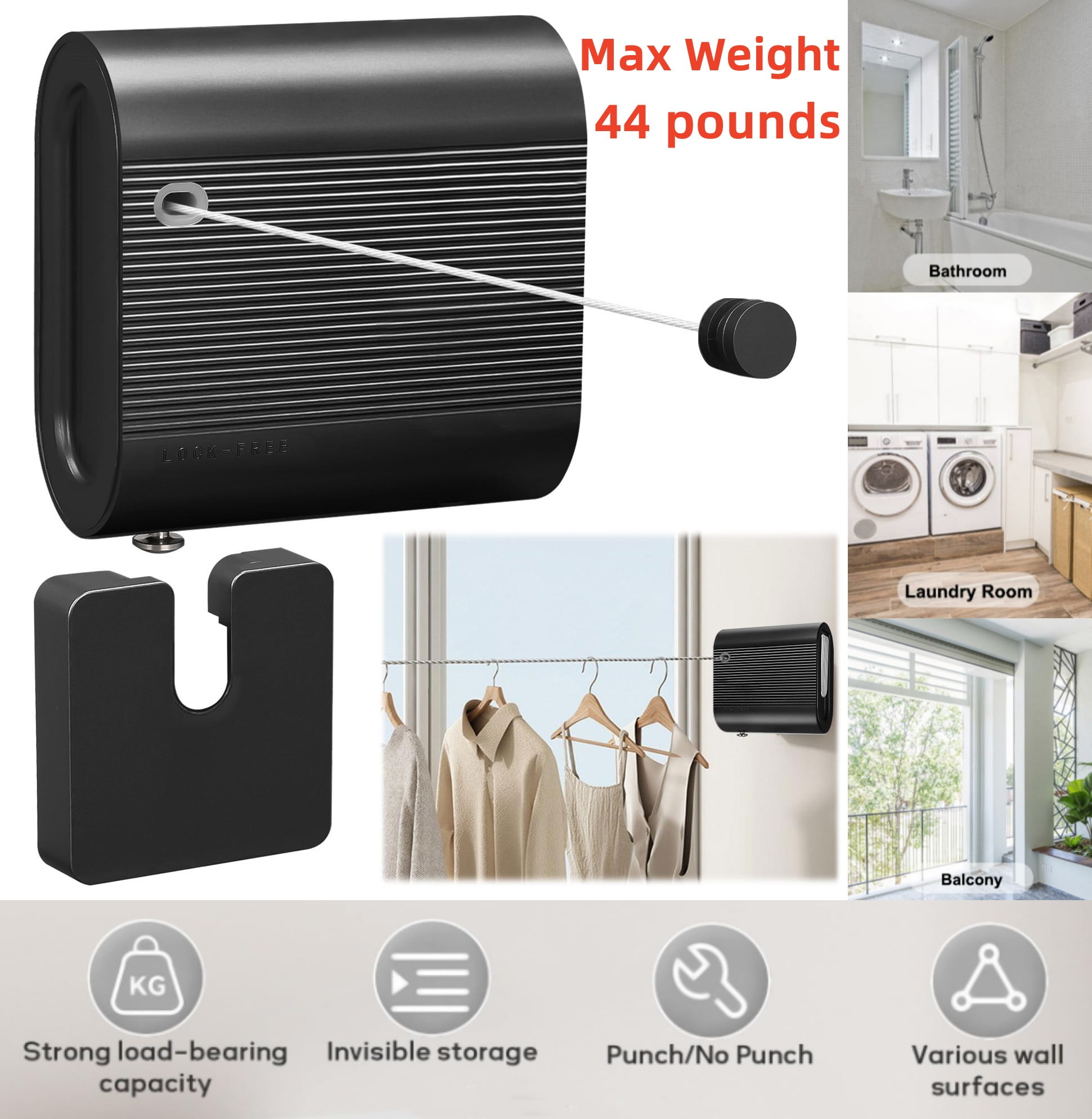 Retractable Clothesline Indoor 13.78 feet Single Line Wall Mounted ...