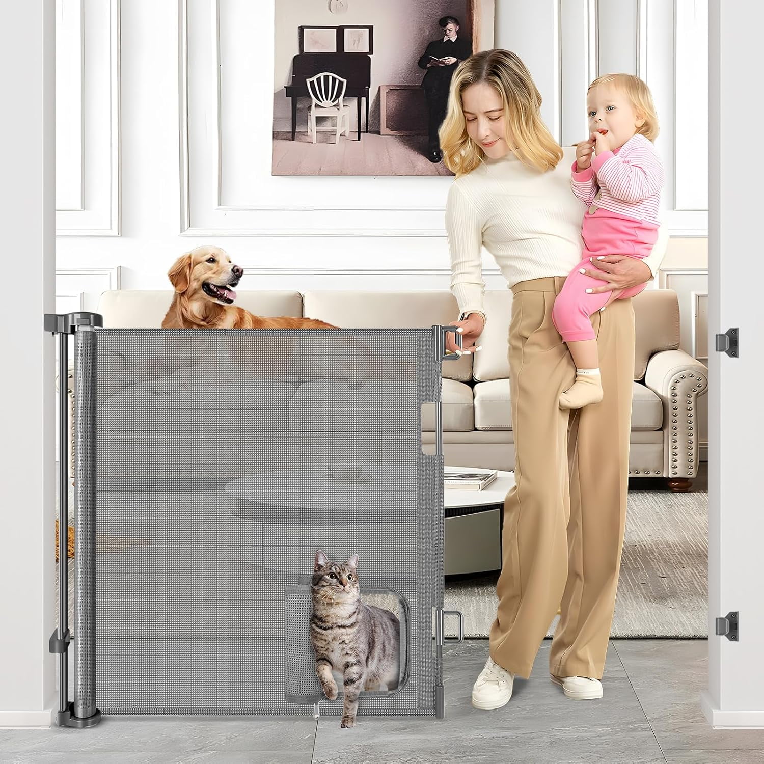 Retractable Dog Gate with Cat Door 55" Wide Retractable Pet Gate with ...