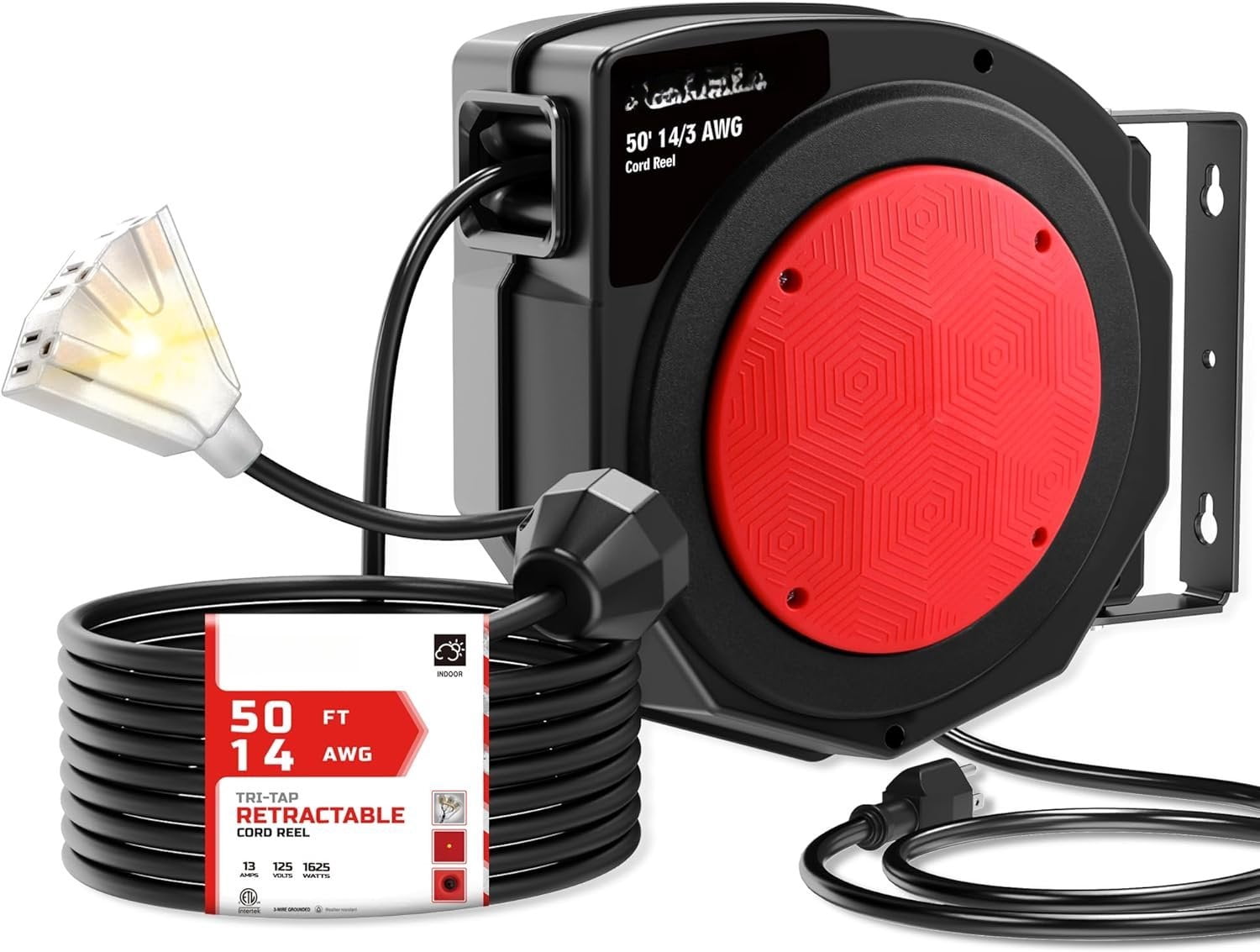 Retractable Extension Cord Reel,50 FT Power Cord 14/3 AWG,13A Circuit ...