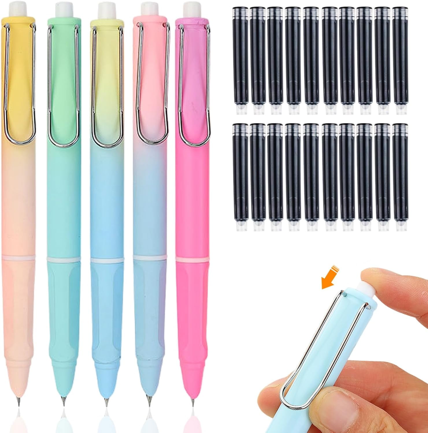 Retractable Fountain Pen, 5Pcs Press Type Fountain Pen with 20 Black ...