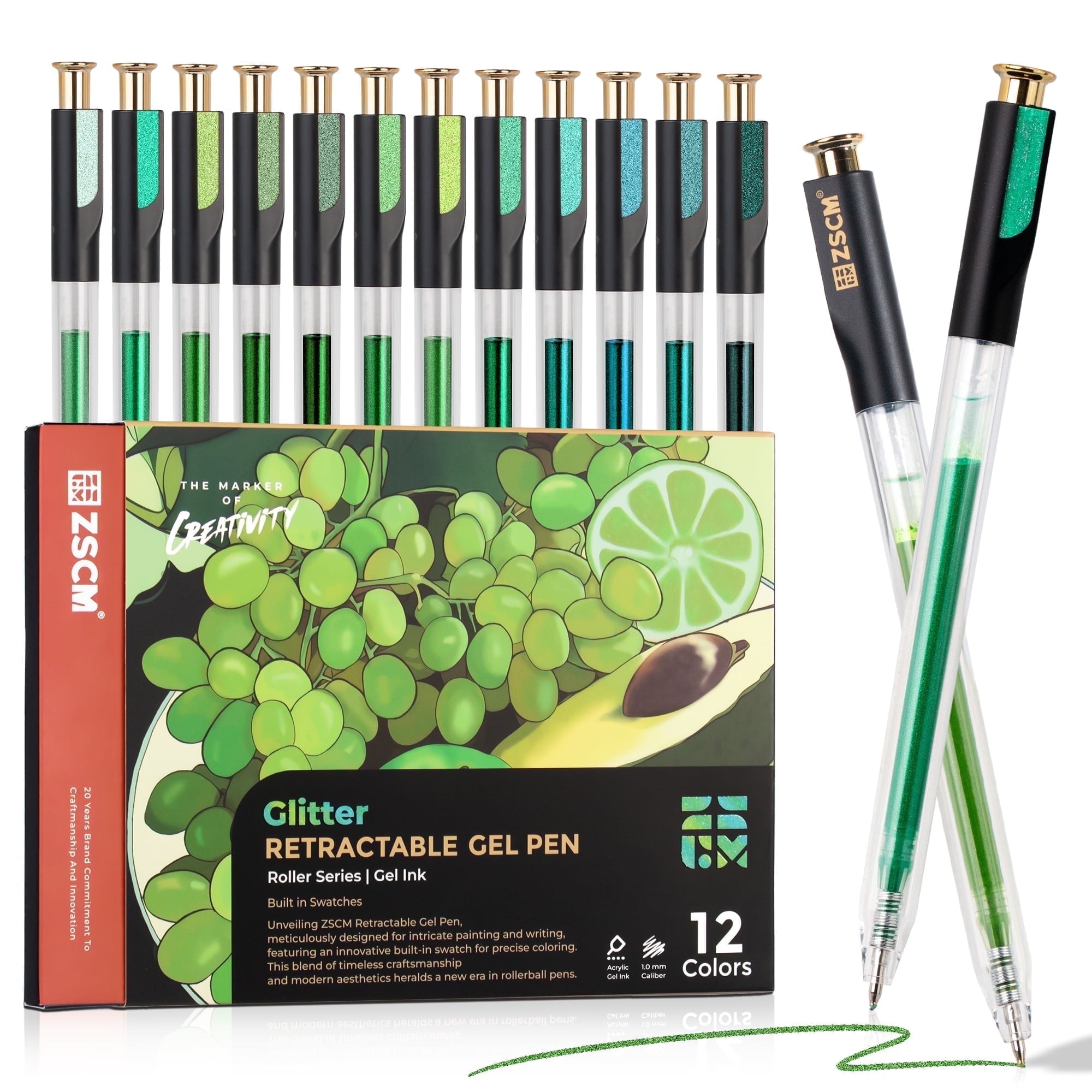 Retractable Glitter Gel Pens, 12 Colors Large Capacity Green Glitter ...