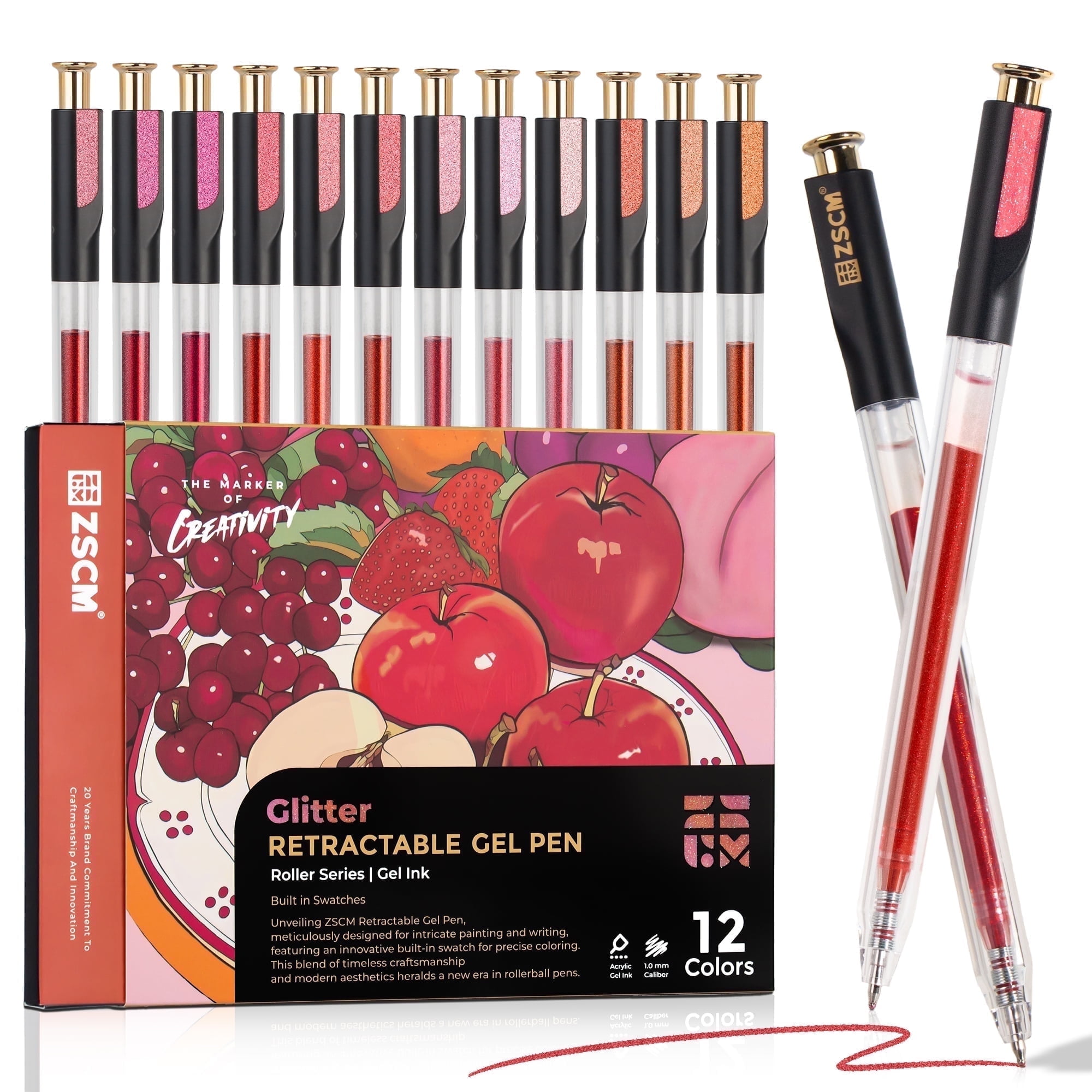 Retractable Glitter Gel Pens, 12 Colors Large Capacity Red Pink Glitter ...
