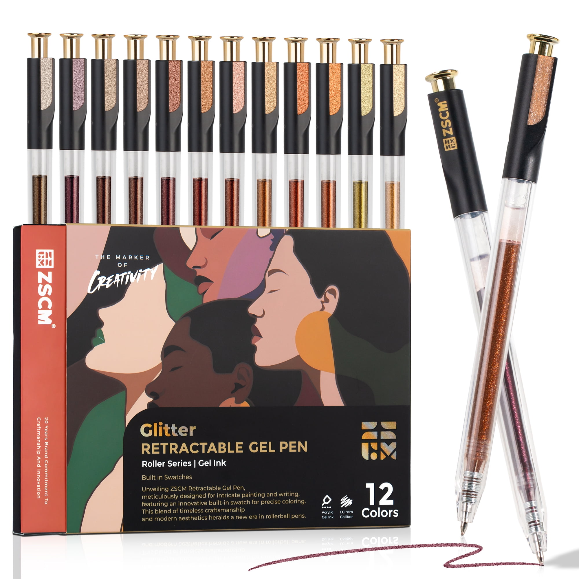 ZSCM 12-Color Retractable Glitter Gel Pens, Skin Tone Metallic Ink ...