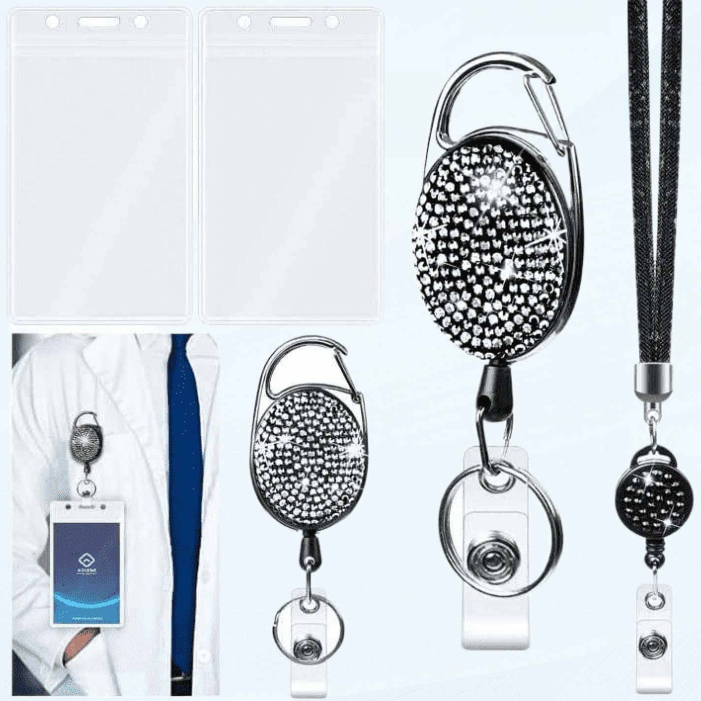 Retractable ID Badge Holder, Bling Crystal Leather Neck Strap Lanyard ...