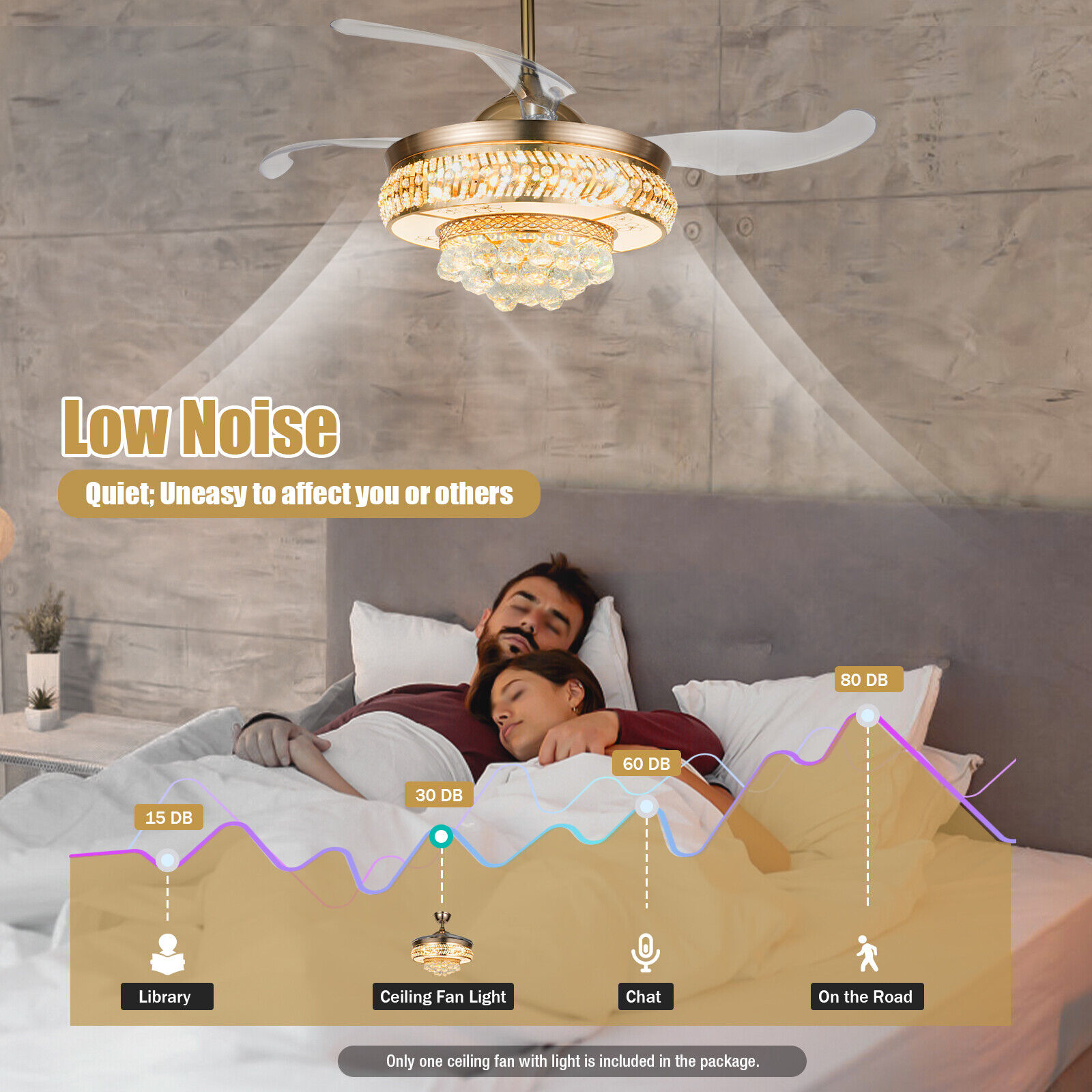Retractable LED Ceiling Fan Light Remote Control Crystal Chandelier ...