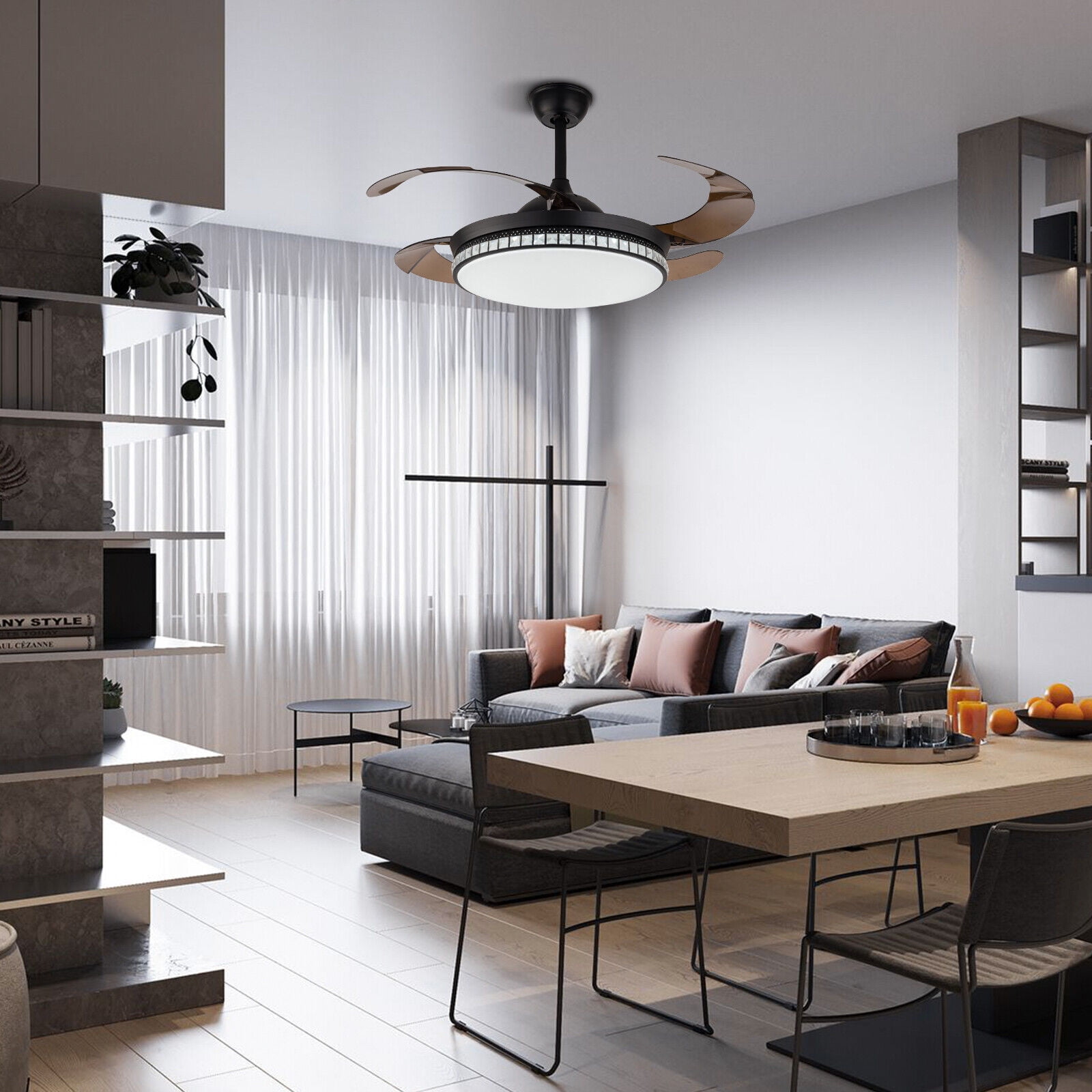 Retractable LED Chandelier 3 Color Change Ceiling Fan Light With Remote ...