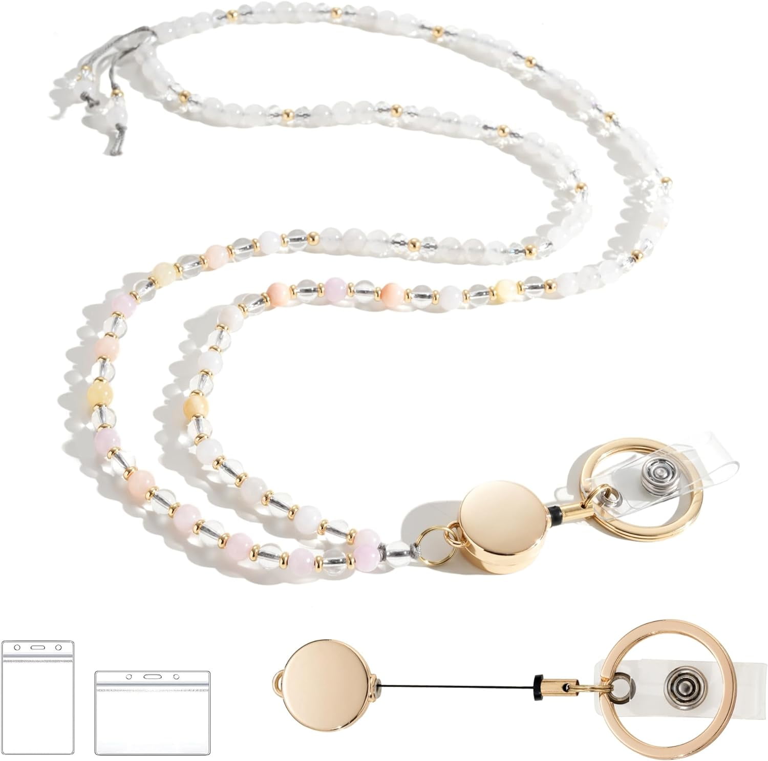 Retractable Lanyards for ID Badges and Keys, Beaded Lanyards for Women Natural Stone, Teacher ...