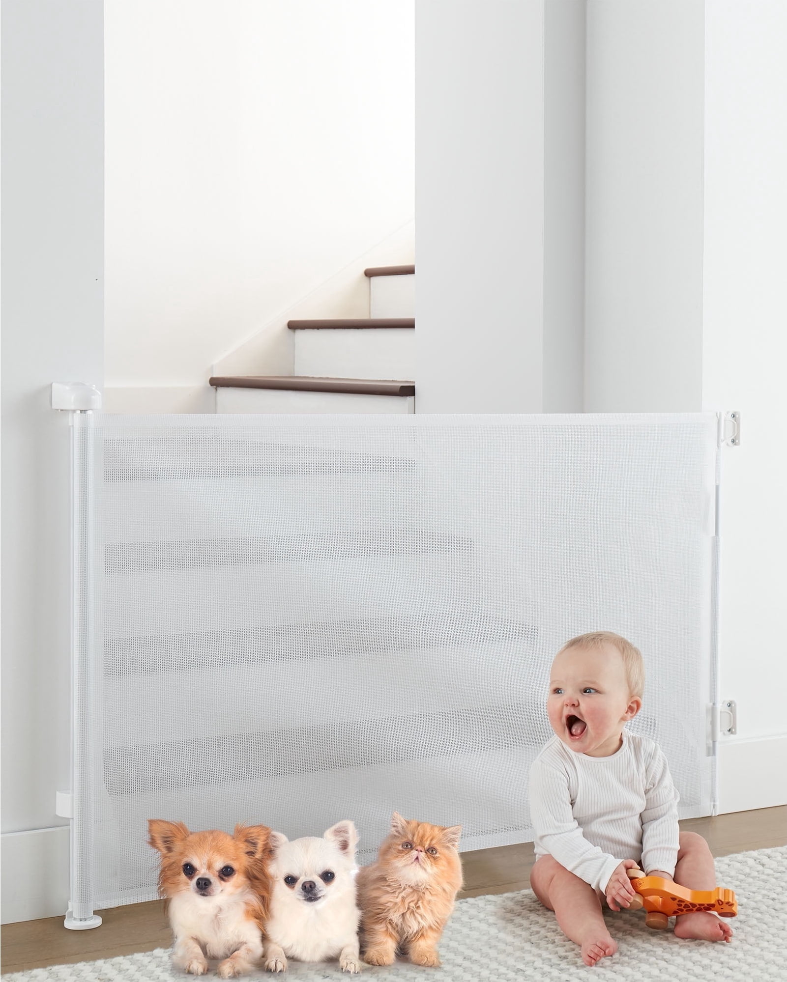"Retractable White Mesh Baby Gate for Inside Stairs & Doorways ...