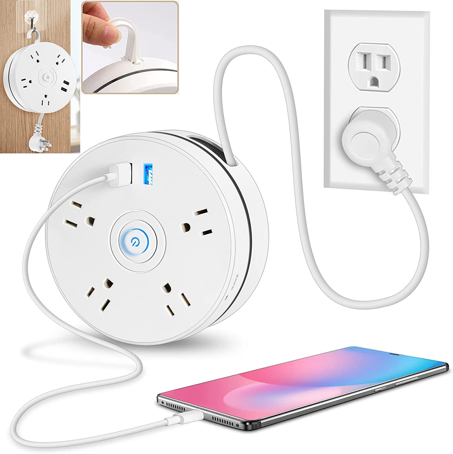 Retractable Power Strip, 6ft Extension Cord Retractable Power Strip ...