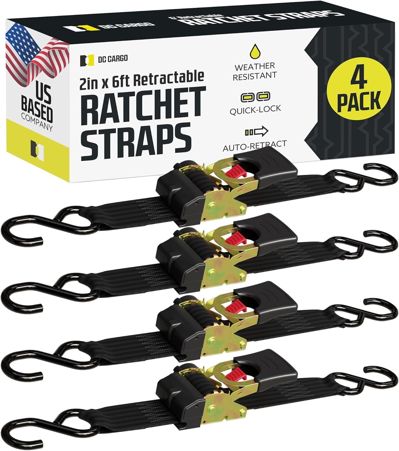 Retractable Ratchet Strap, 4 Pack (2 inch x 6 feet) - Heavy Duty Tie ...