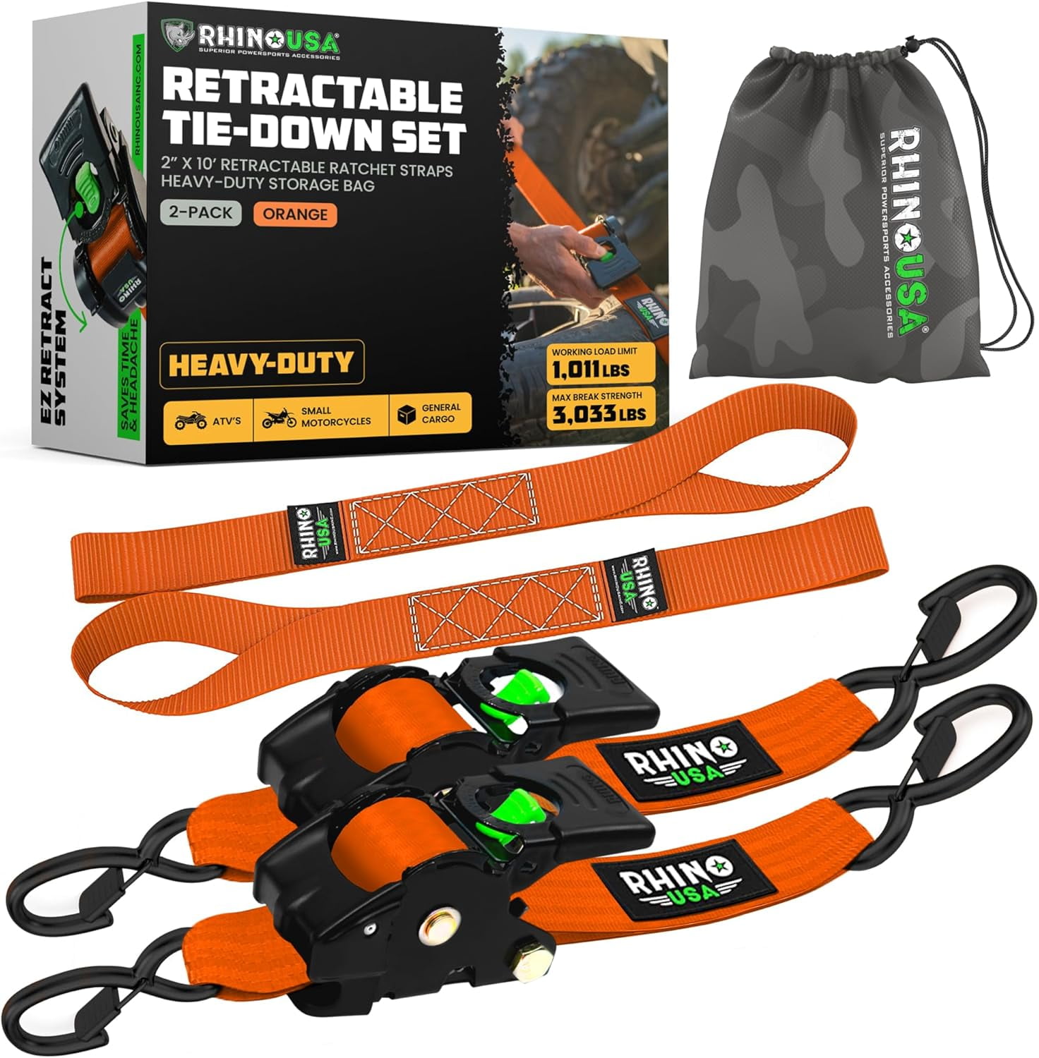 Retractable Ratchet Straps (2-Pack) - 2 Inch x 10 Feet (3,033lb Break ...