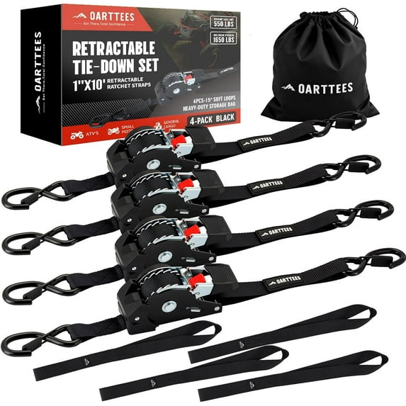 Retractable Ratchet Straps (4-Pack) - 1 Inch x 10 Feet (1,650lb Break ...