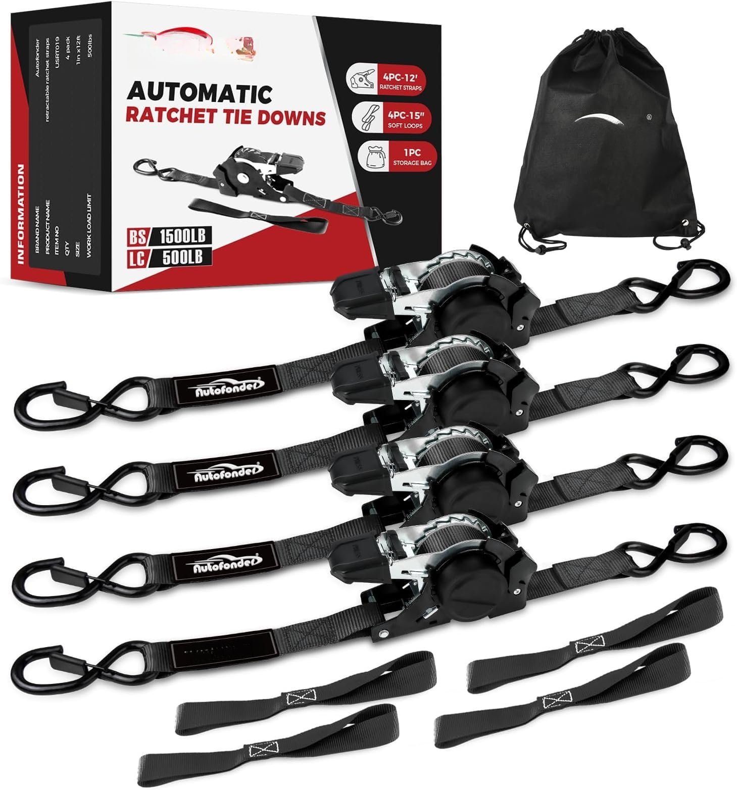 Retractable Ratchet Straps with Soft Loops (4 )-(1,500lb Break Strength ...