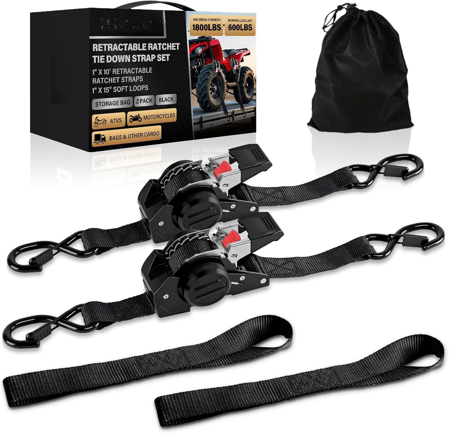 Retractable Ratchet Tie Down Straps - 1 Inch x 10 (1800 LB Break ...
