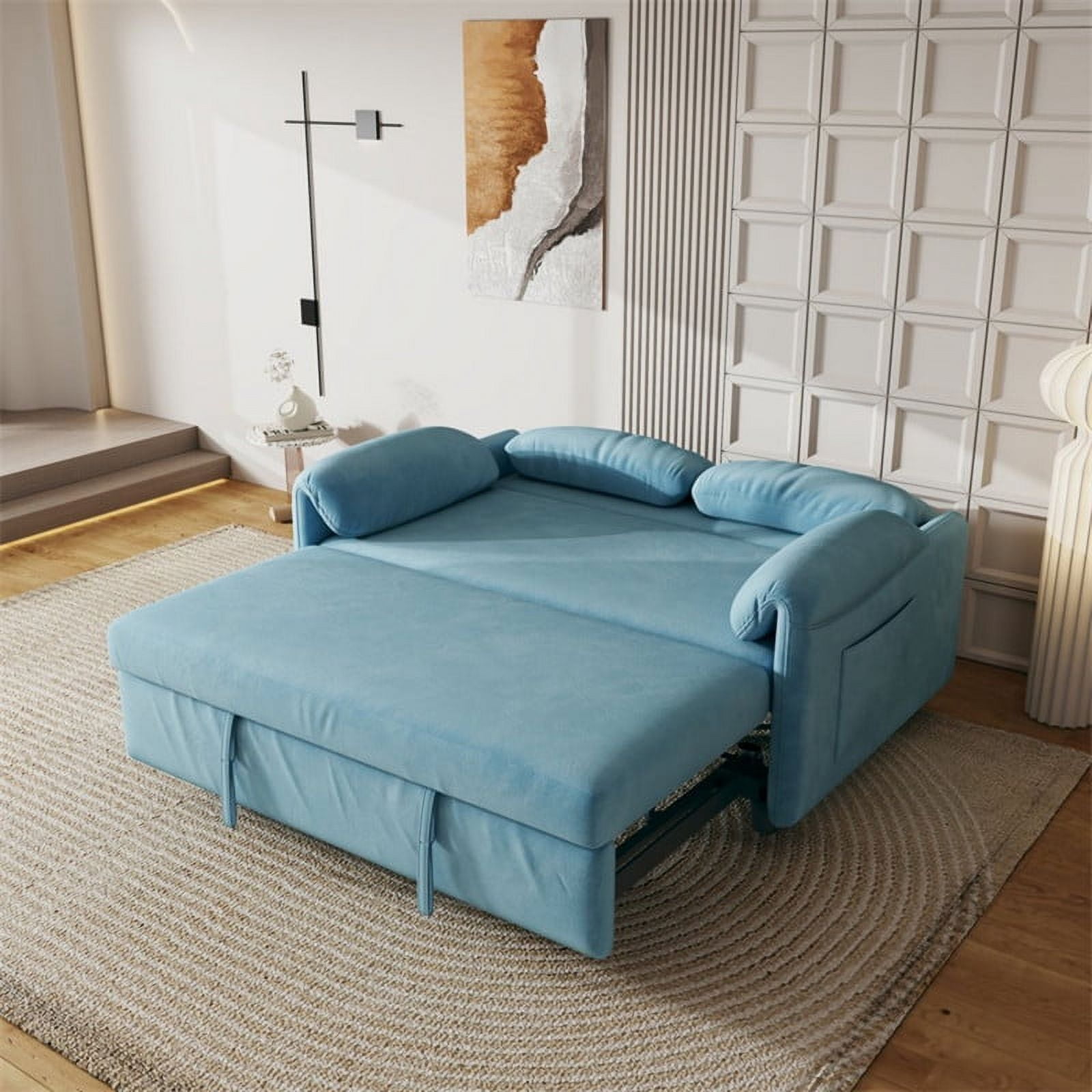 Retractable Velvet Sofa Bed with Two Pillows and Side Pocket, Modern ...