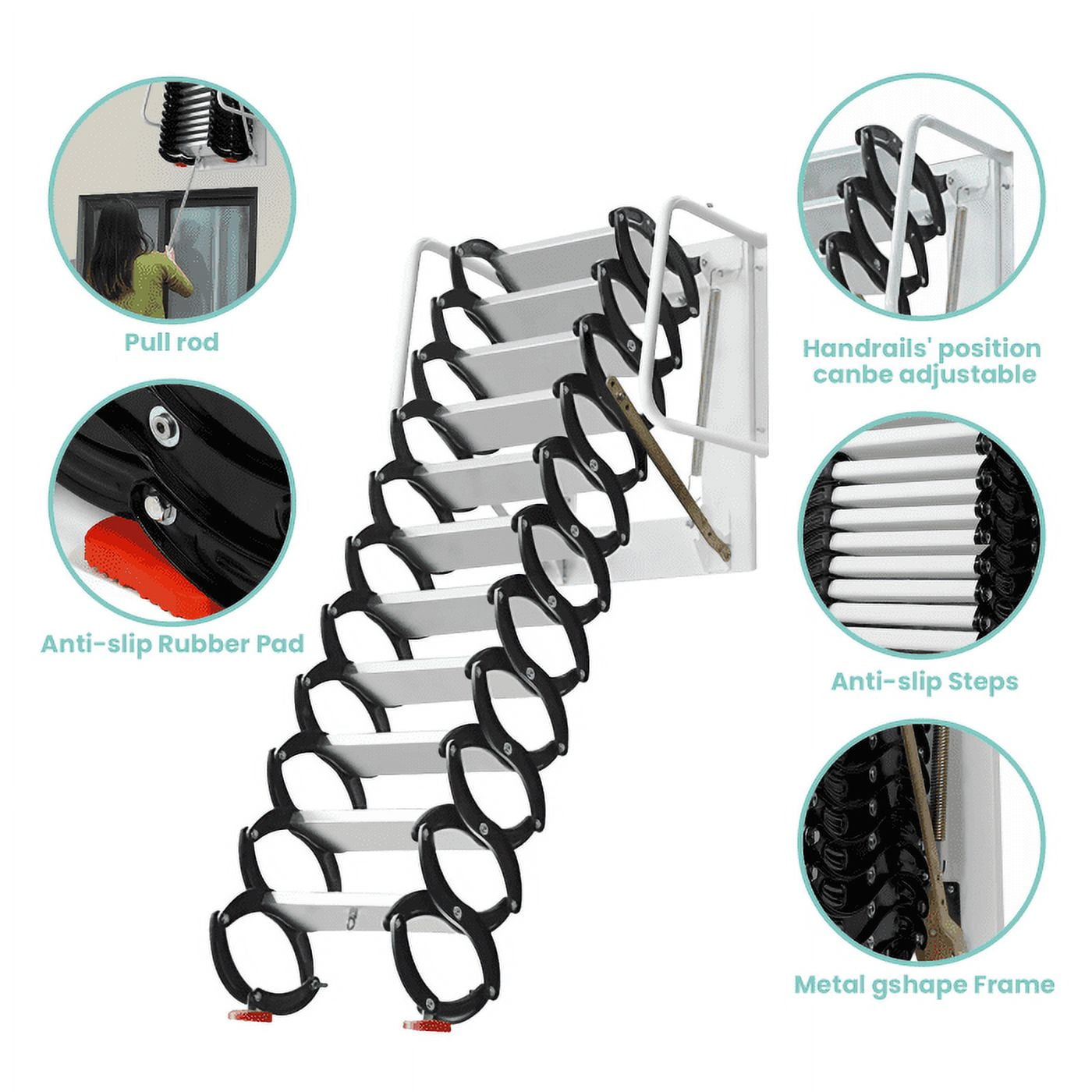Retractable Wall Mounted Ladder with Pull Rod 12-Step Heavy-Duty Anti ...