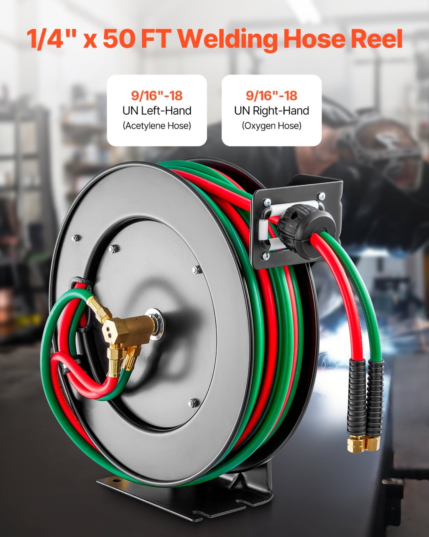 Retractable Welding Hose Reel 1/4 in x 50FT Oxygen Acetylene Rubber ...