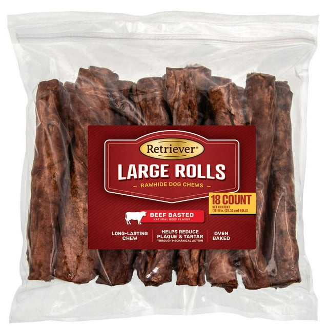 Retriever Beef Basted Flavor Rawhide Dog Chew Treats, Large Rolls, 18 ...