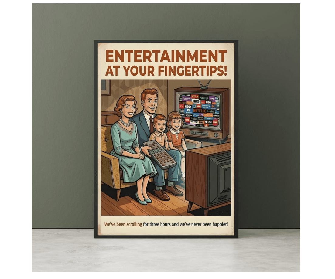 Retro 1950s Streaming Satire Poster Choice Paradox Media Room Art ...