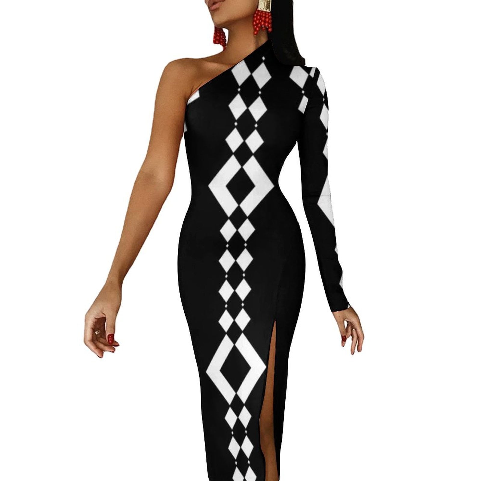 Retro 1960"s Black and White Pattern Half Dleeve Split Dress Woman ...