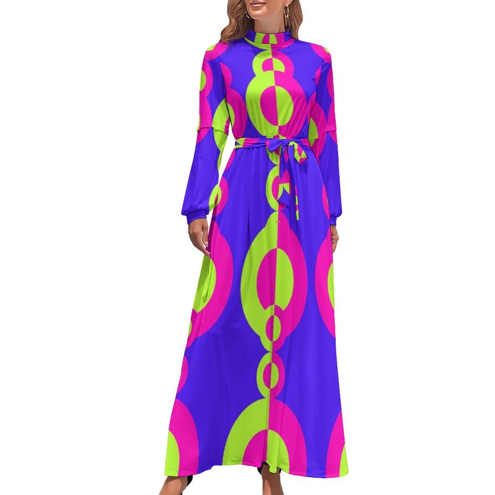 Retro 1960's Disco Pattern Neon pink green purple Long Dress evening ...