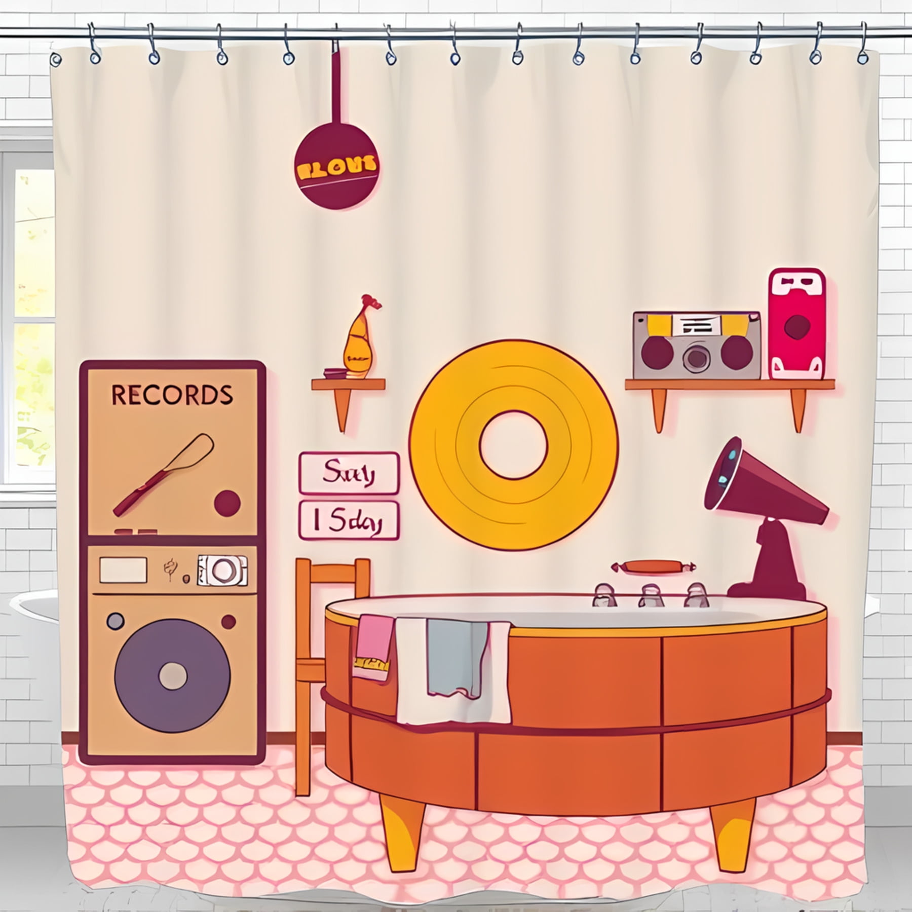 Retro 1960s-70s Whimsical Shower Curtain with Orange Bathtub Vintage ...
