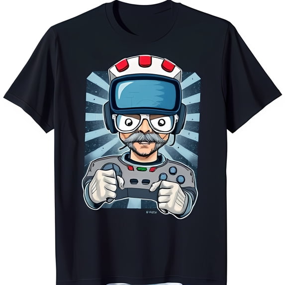 Retro 1970s Cartoon Gamer T-Shirt Dark Blue Tee with Mustached Man ...