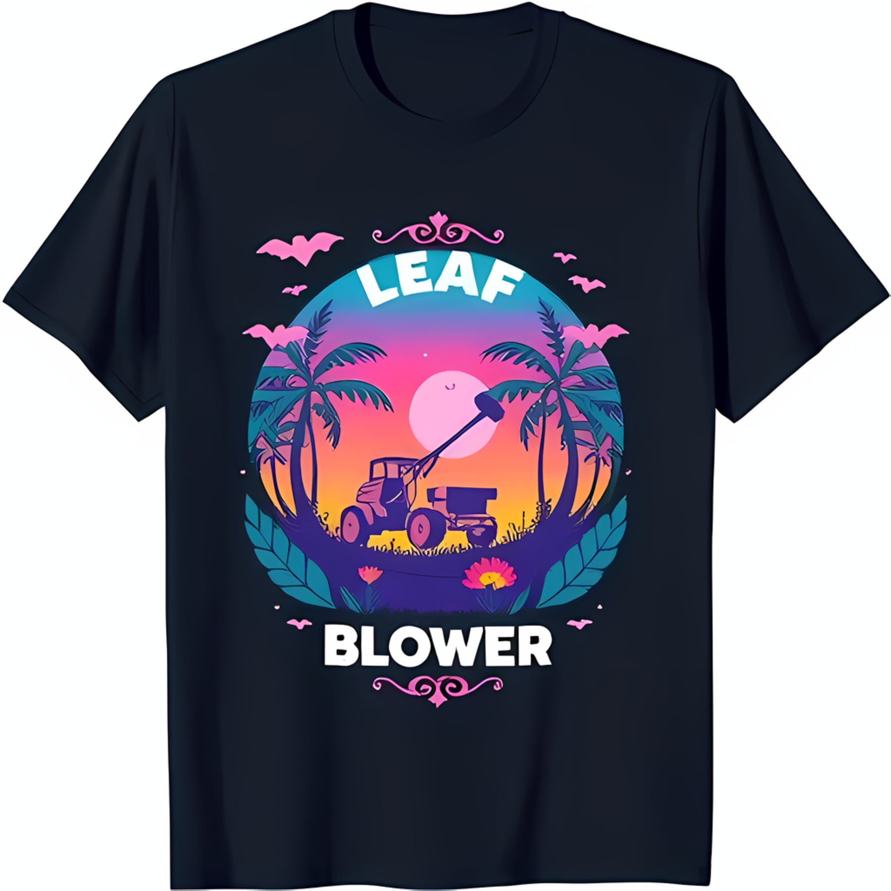 Retro 1980s Leaf Blower Graphic T-Shirt for Men Blue Sunset Design ...