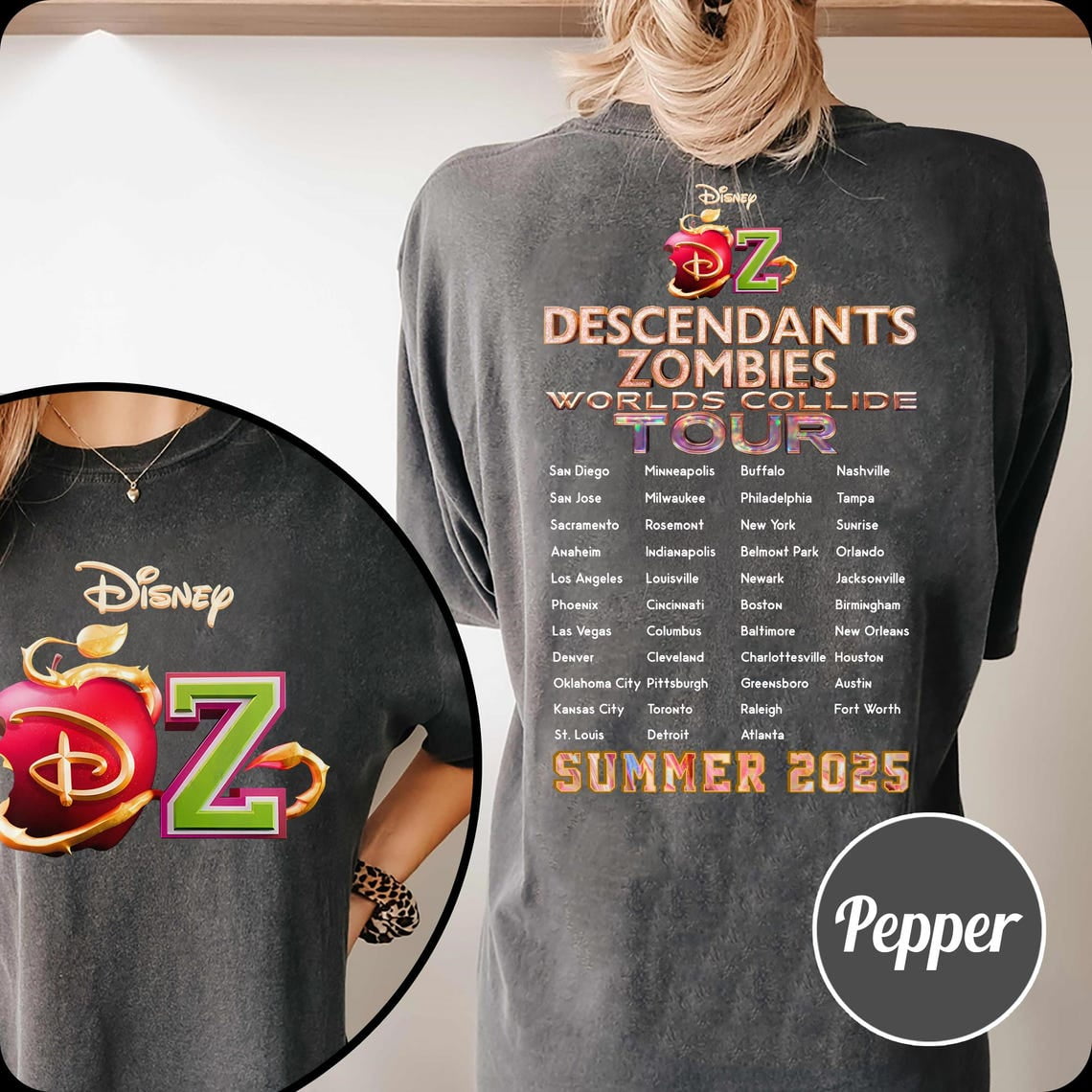Retro 2 Sided Descendants Zombies Worlds Collide Tour Matching T-Shirt ...