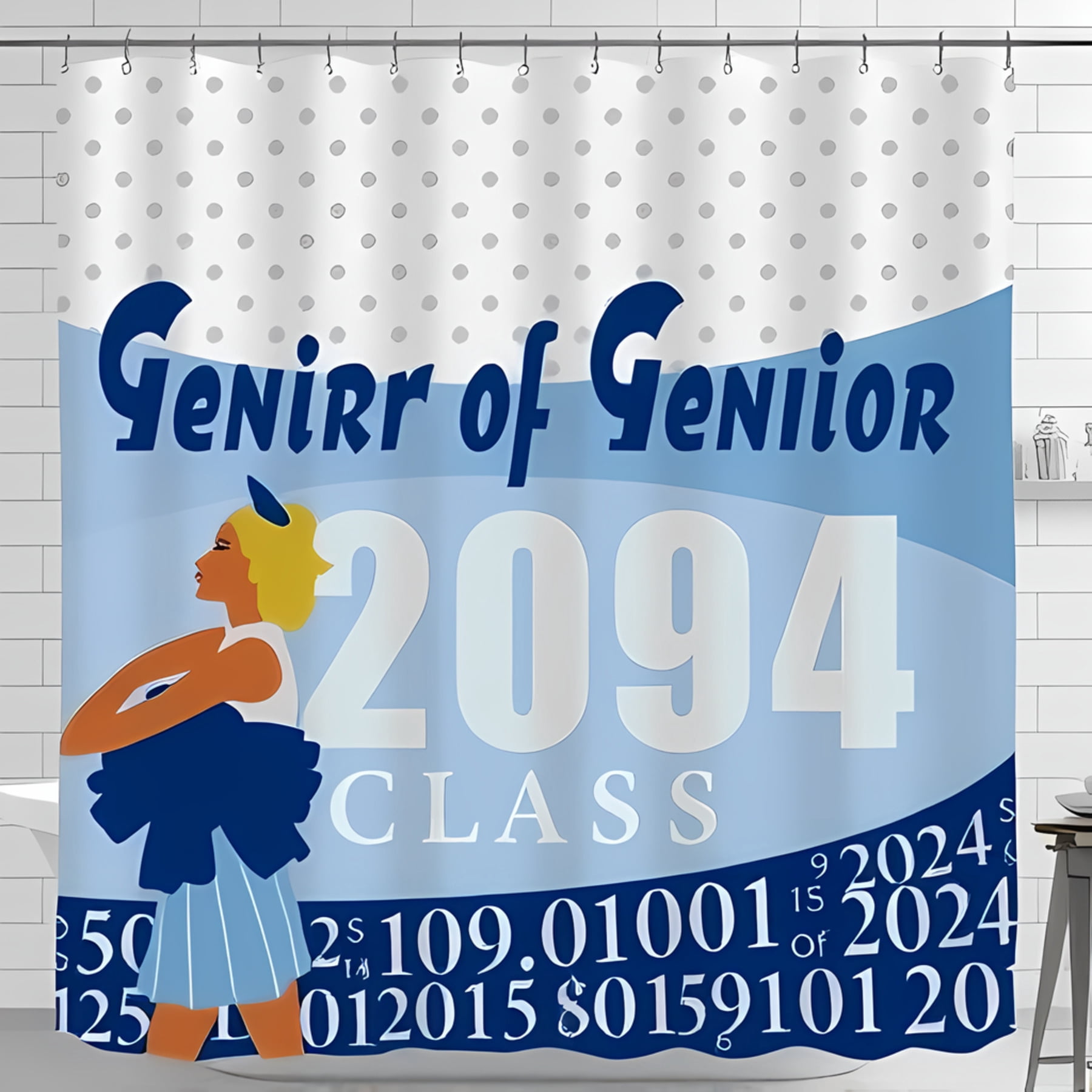 Retro 2094 Graduation Shower Curtain with Cheerleader Illustration ...