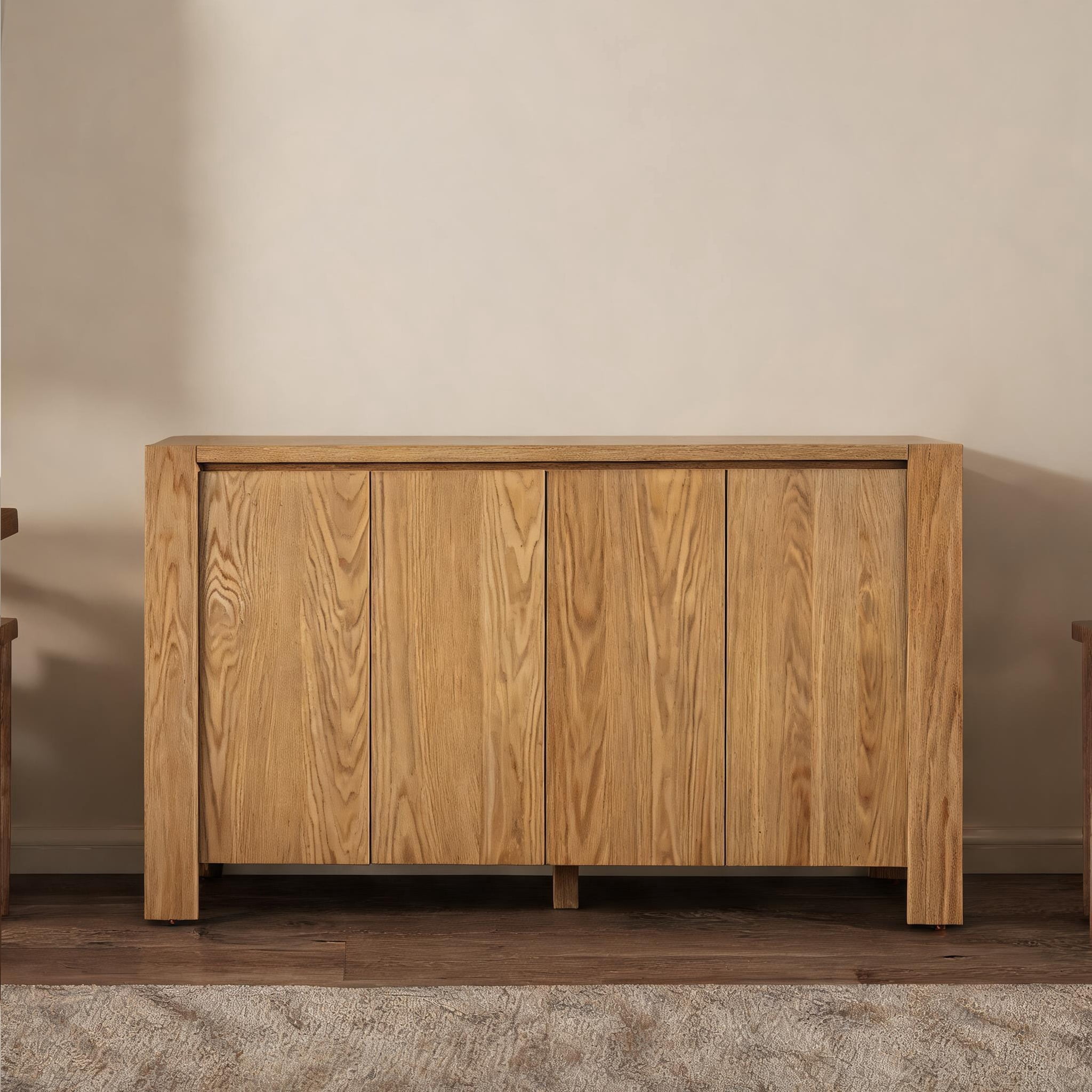 Retro 4-Door Wood Buffet Cabinet, Light Natural Finish, Adjustable ...