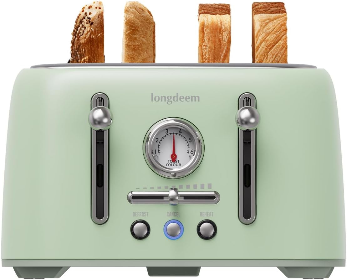 Retro 4-Slice Toaster with 1.6" Wide Slots - 6 Toast Settings Including ...