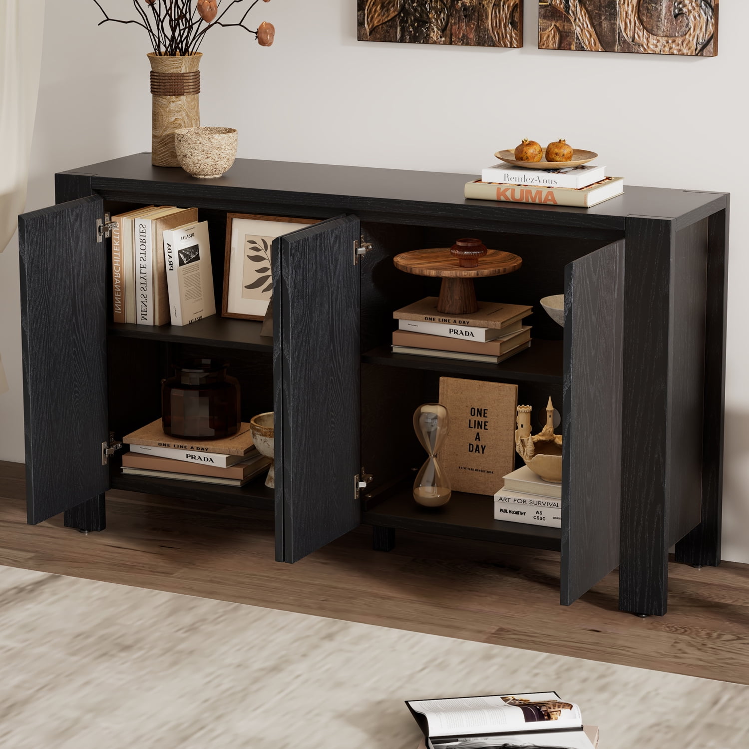 Retro 59'' Large Storage Cabinet 4-door Sideboard with Distressed ...