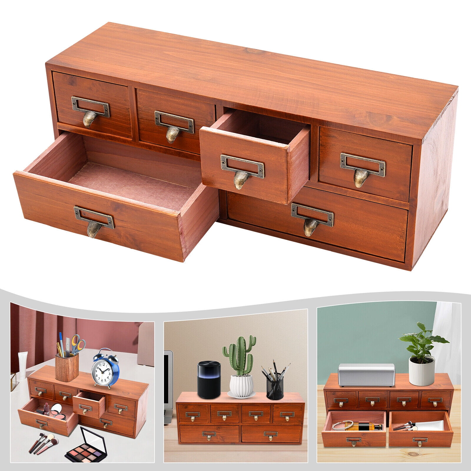 Retro 6-Drawer Storage Cabinet Multi-Function Desk Organizer Pine Wood ...