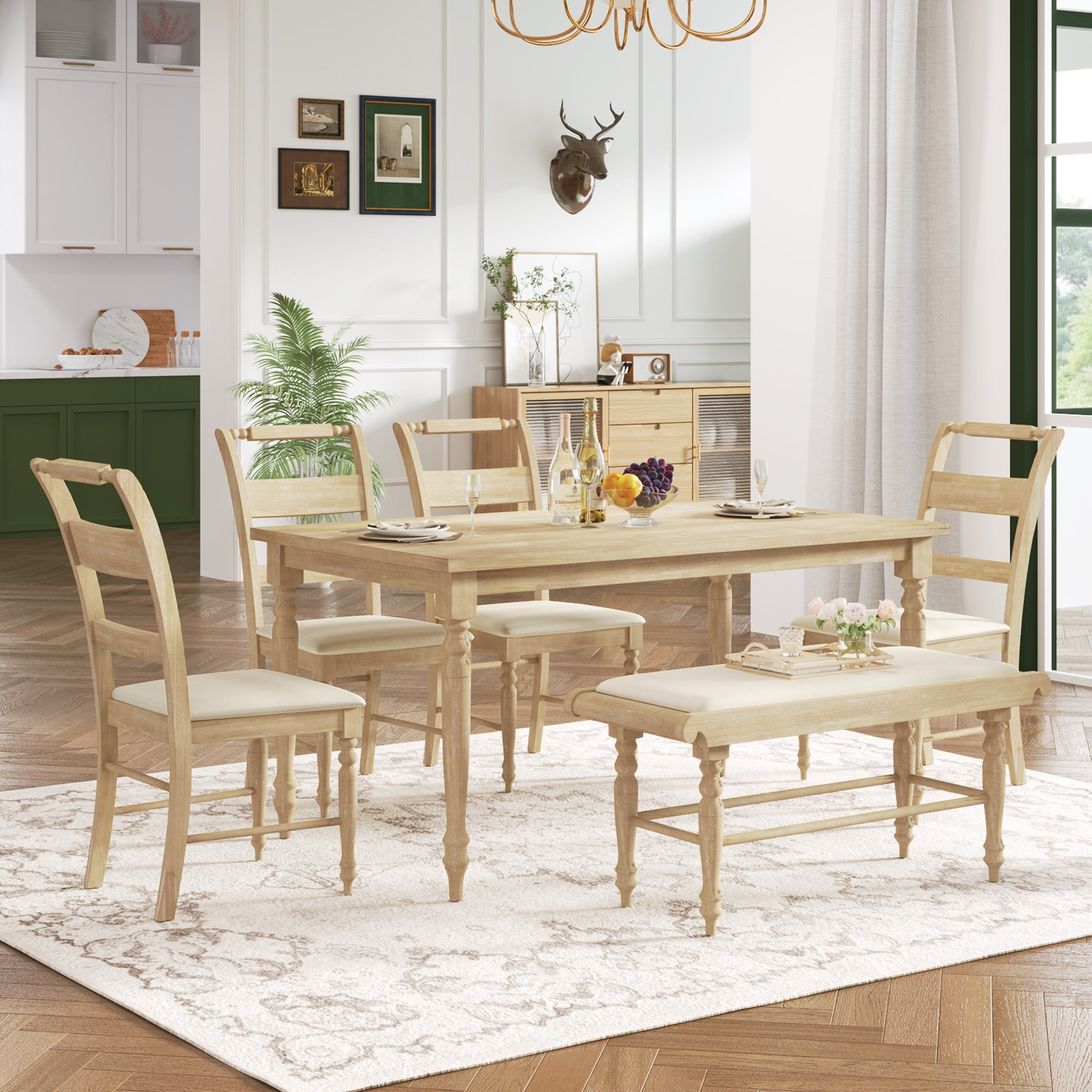 Retro 6-Piece Dining Table Set with Turned Legs for 6, 59" L ...