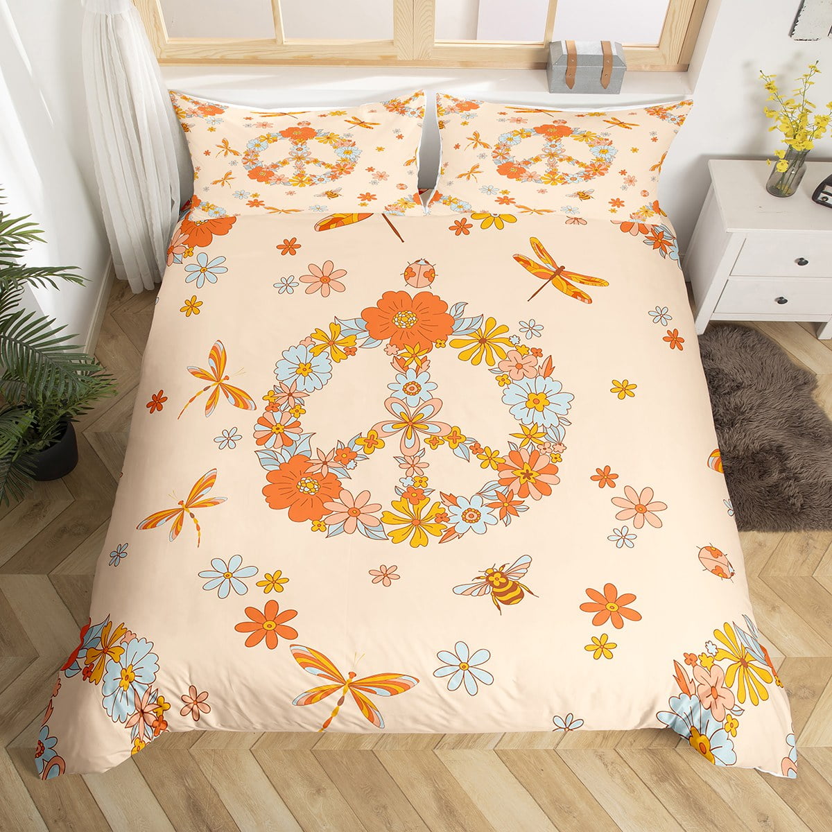 Retro 60S 70S Bedding Set Queen Groovy Flower Power Peace Sign Duvet ...