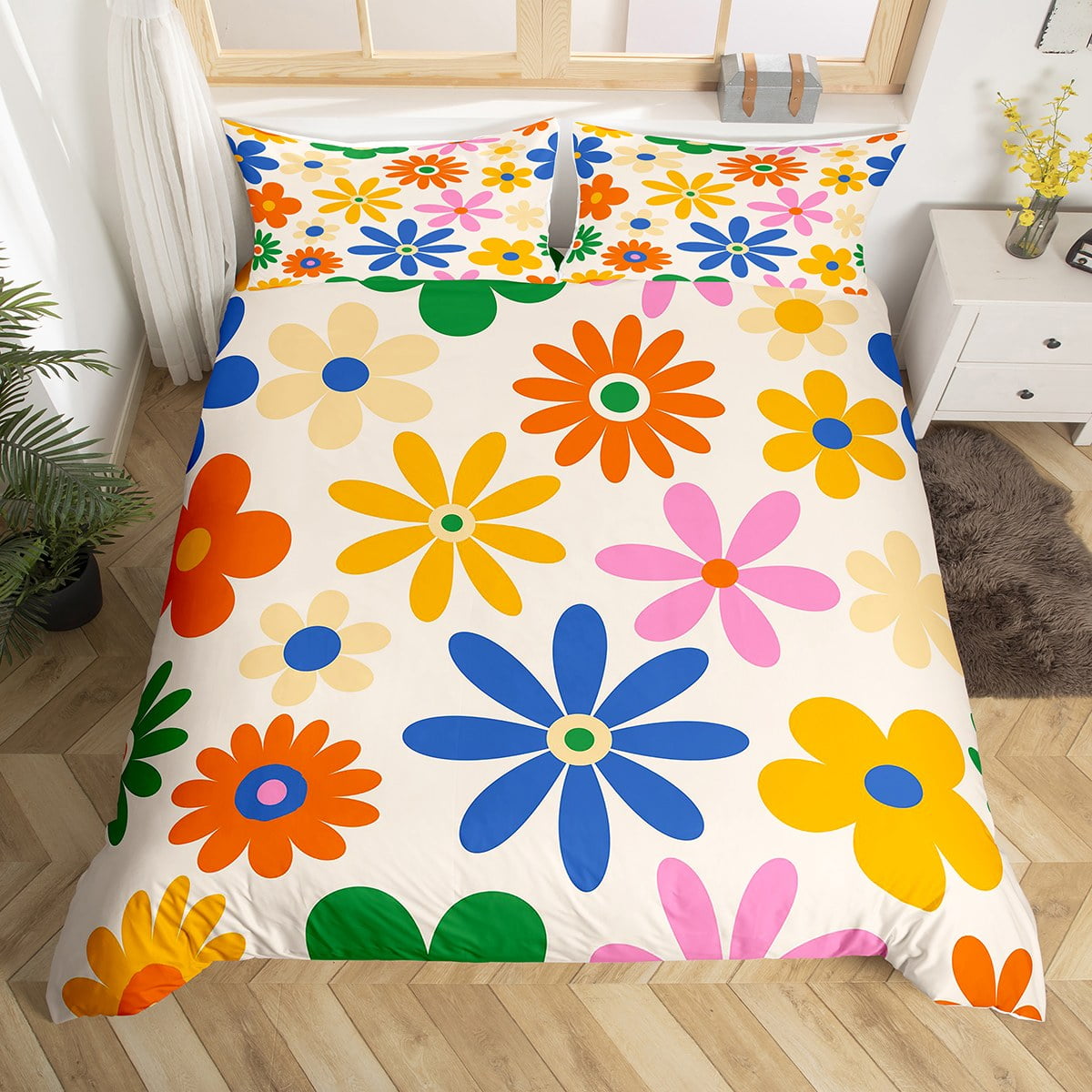 Retro 60S 70S Floral Bedding Set Twin,Vintage Groovy Daisy Flower Duvet ...